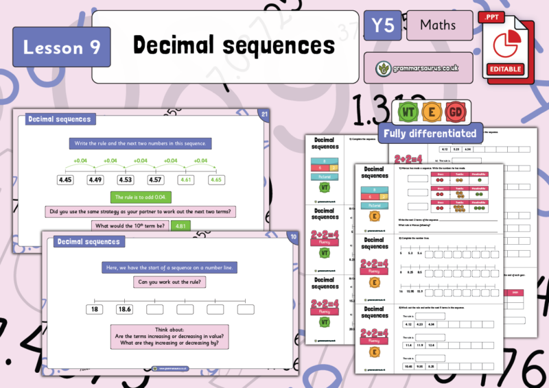 Year 5 Decimals (part 2) - Decimal Sequences - Lesson 9 - Grammarsaurus