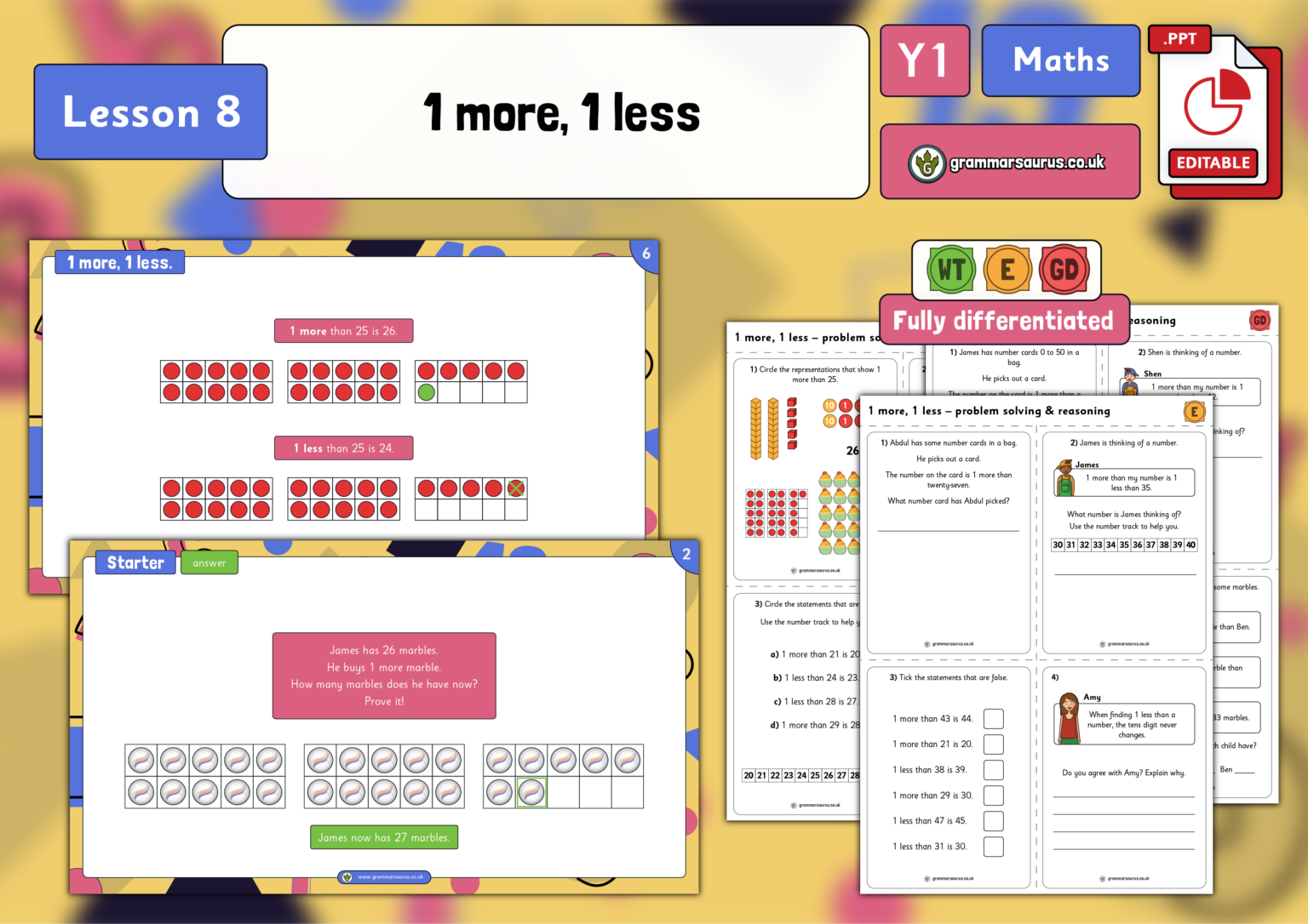Year 3 Place Value - 1 more, 1 less - Lesson 8 - Grammarsaurus
