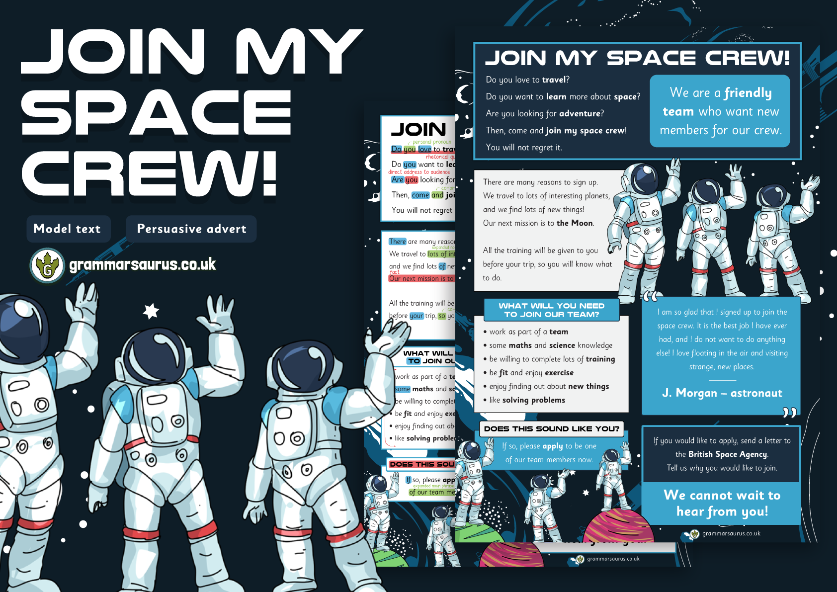 Year 1 Model Text - Persuasive advert – Join my space crew! - Grammarsaurus