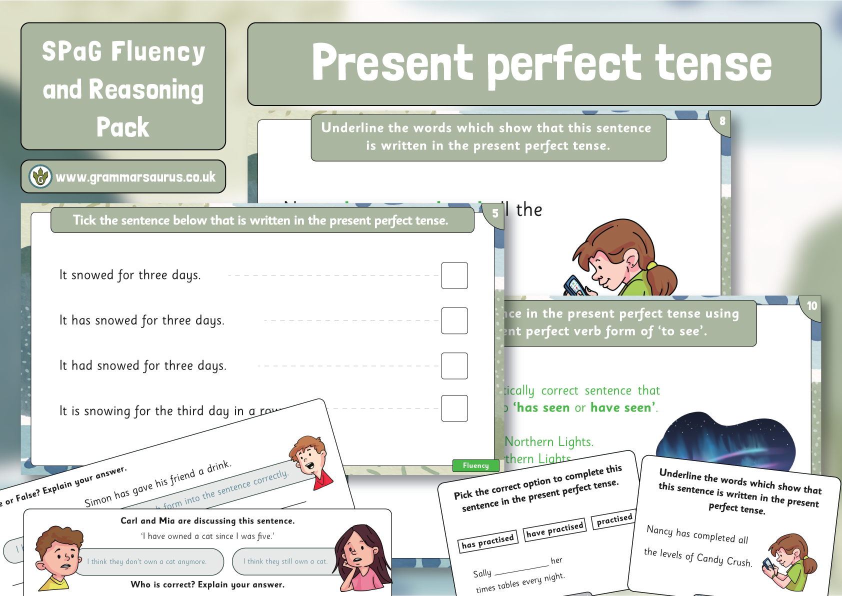 SPaG Fluency & Reasoning Pack - Present perfect tense - Grammarsaurus