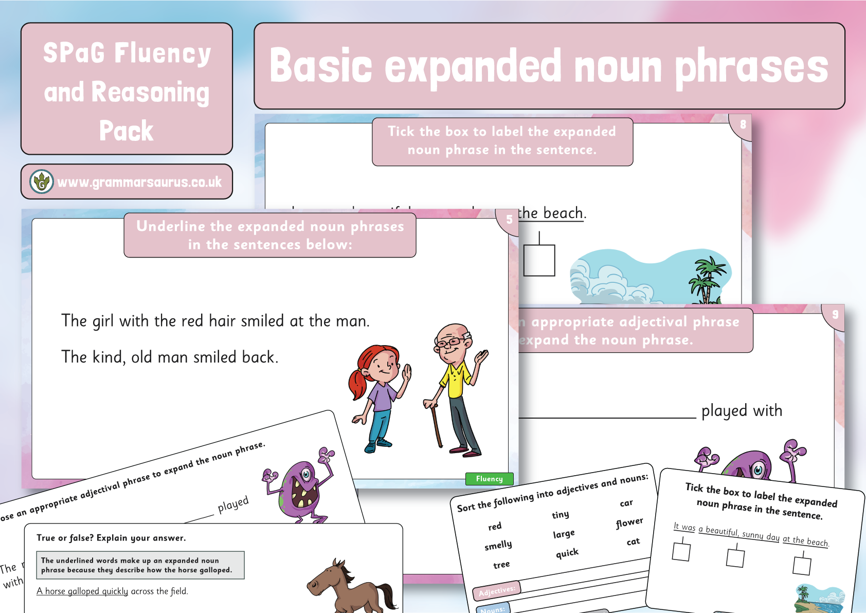SPaG Fluency & Reasoning Pack – Basic expanded noun phrases - Grammarsaurus