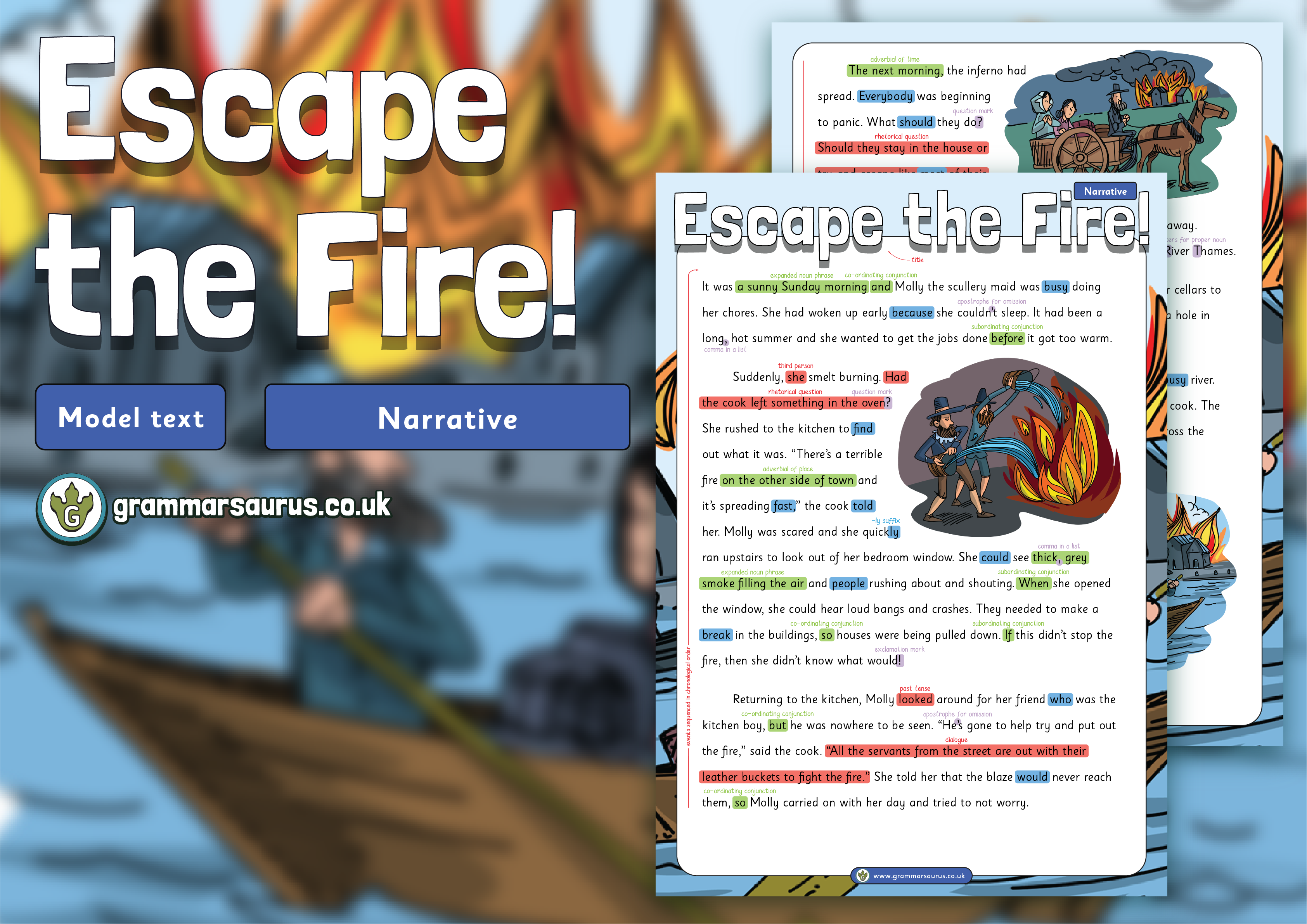Year 2 Model Text - Narrative - Escape the Fire! - Grammarsaurus