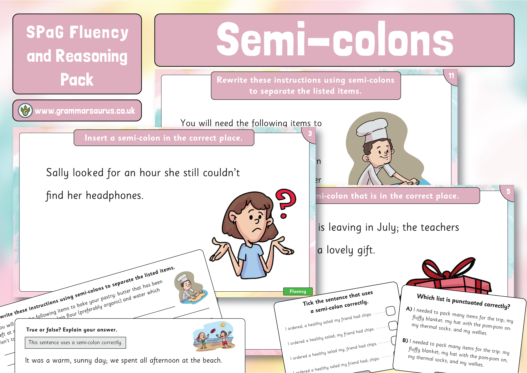 SPaG Fluency & Reasoning Pack - Semi-colons - Grammarsaurus