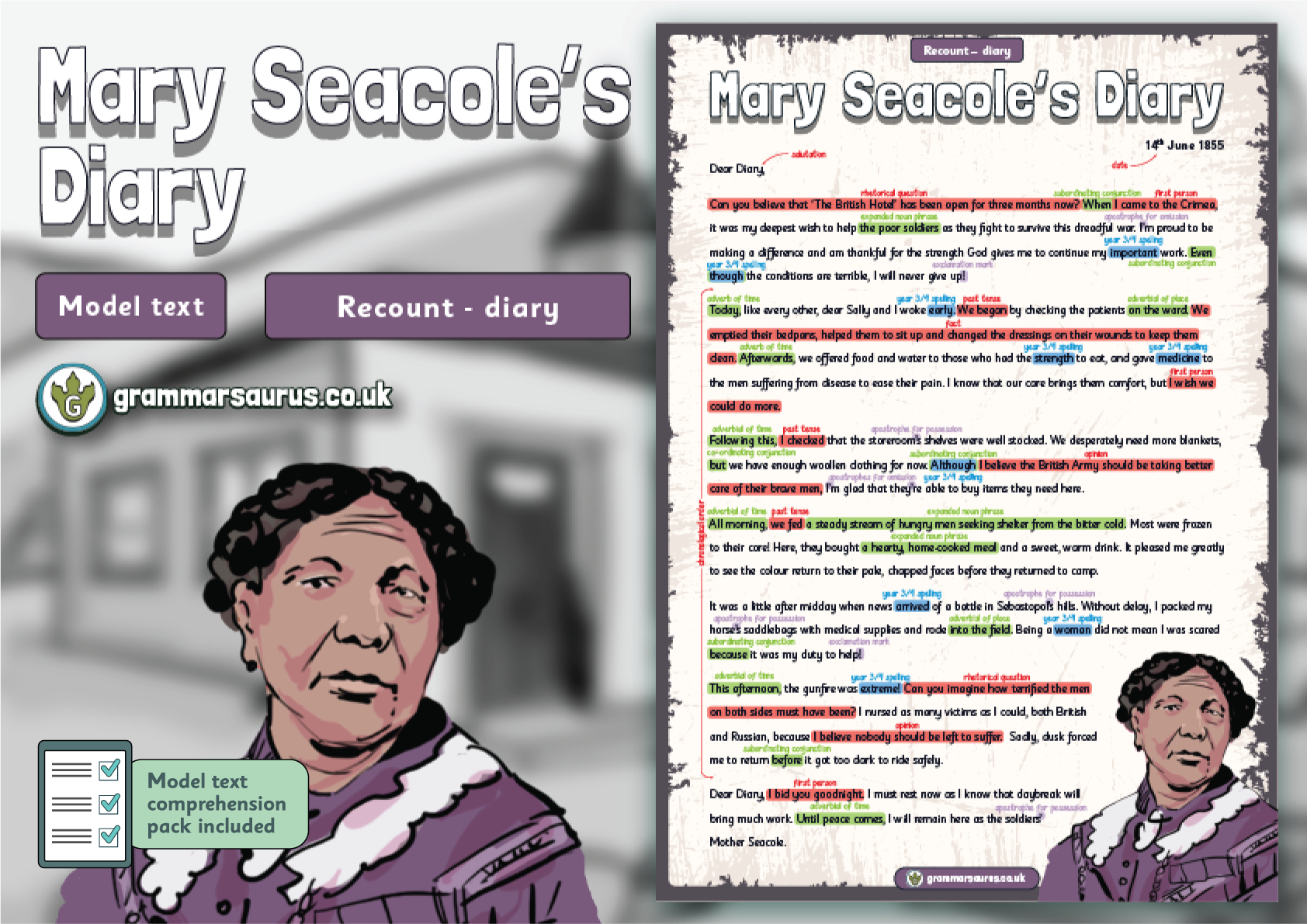 Year 3 Model Text - Diary entry - Mary Seacole's daily life - Grammarsaurus