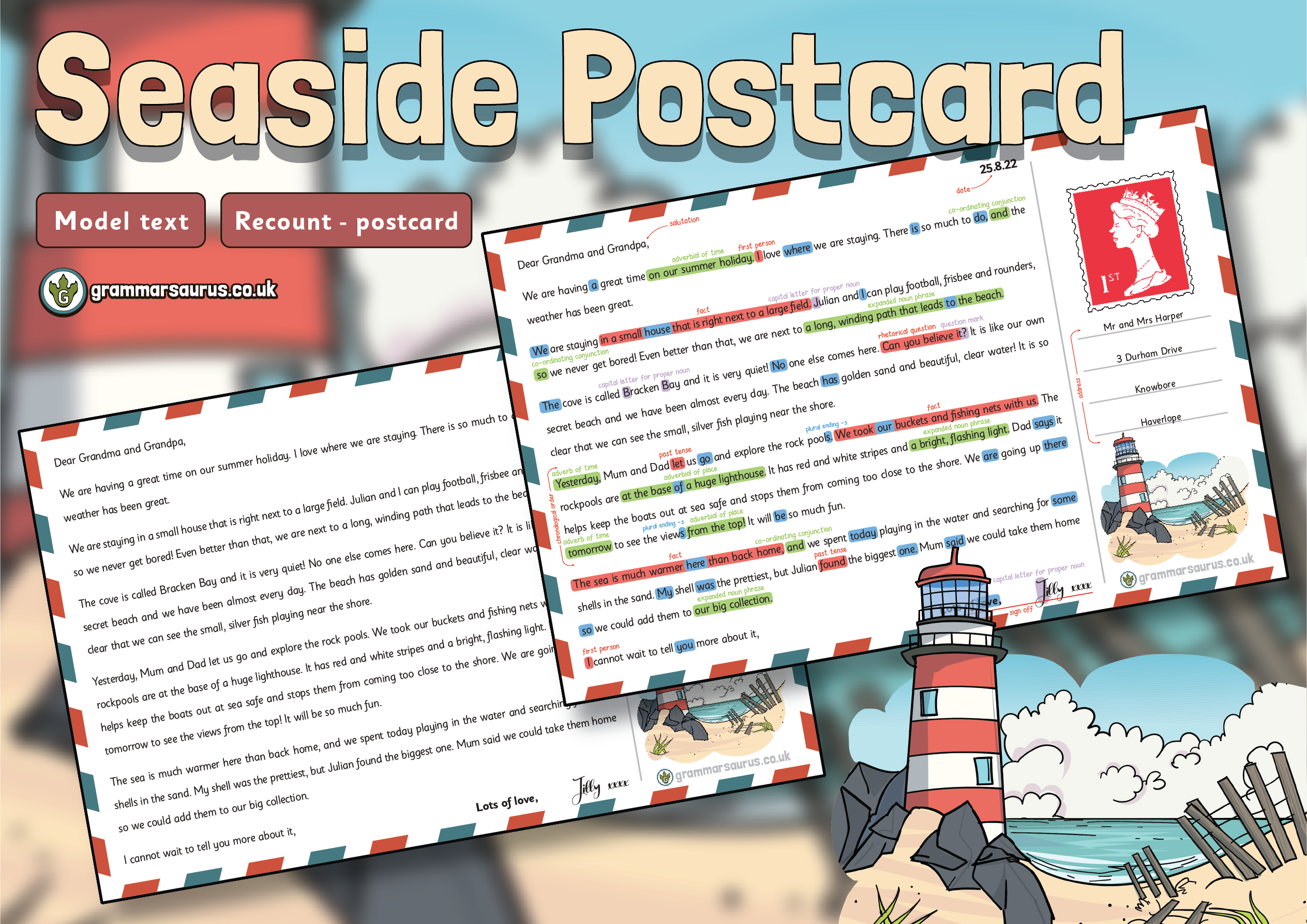 Year 2 Model Text - Recount - Postcard – Seaside postcard - Grammarsaurus