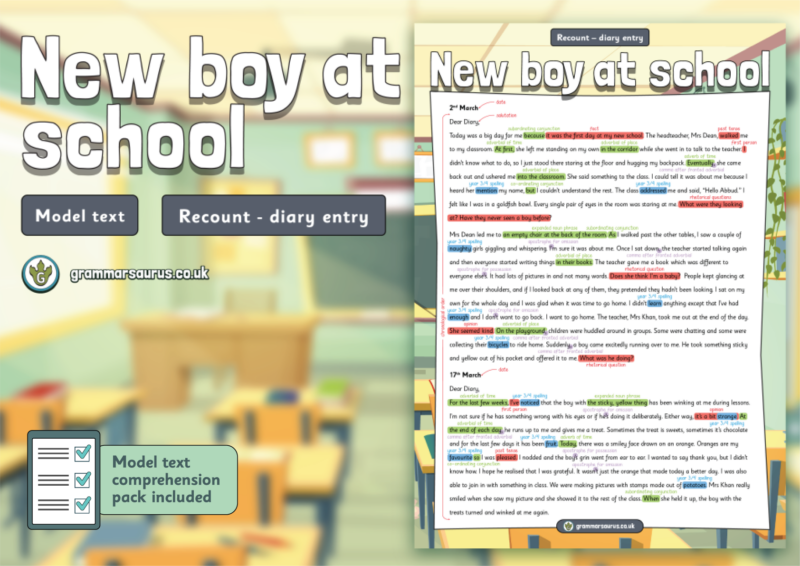 Year 4 Model Text – Diary entry – New boy at school - Grammarsaurus