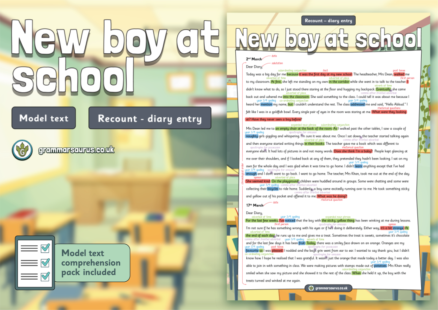 Year 4 Model Text – Diary entry – New boy at school - Grammarsaurus