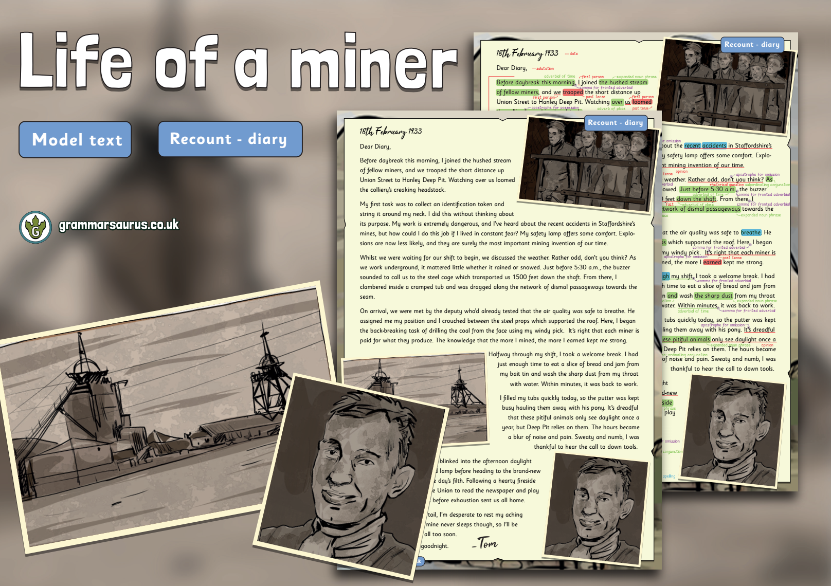 Year 4 Model Text - Diary entry - Life of a miner - Grammarsaurus