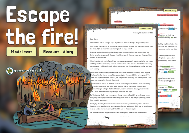 Year 2 Model Text - Diary entry – Escape the Fire! - Grammarsaurus