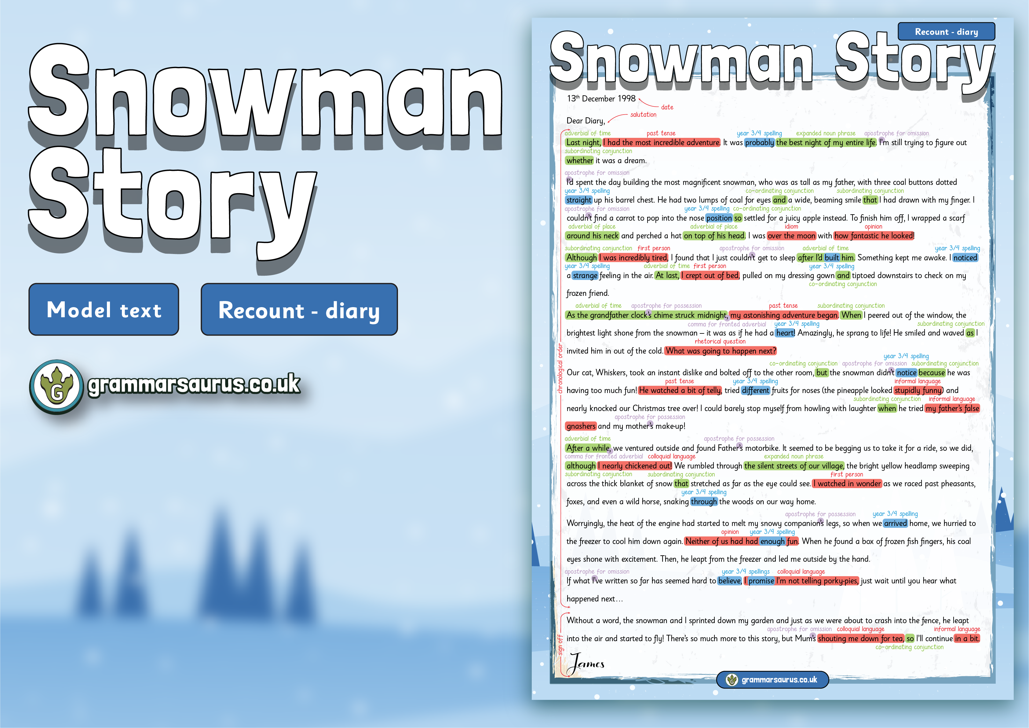 Year 4 Model Text - Diary entry – Snowman Story - Grammarsaurus