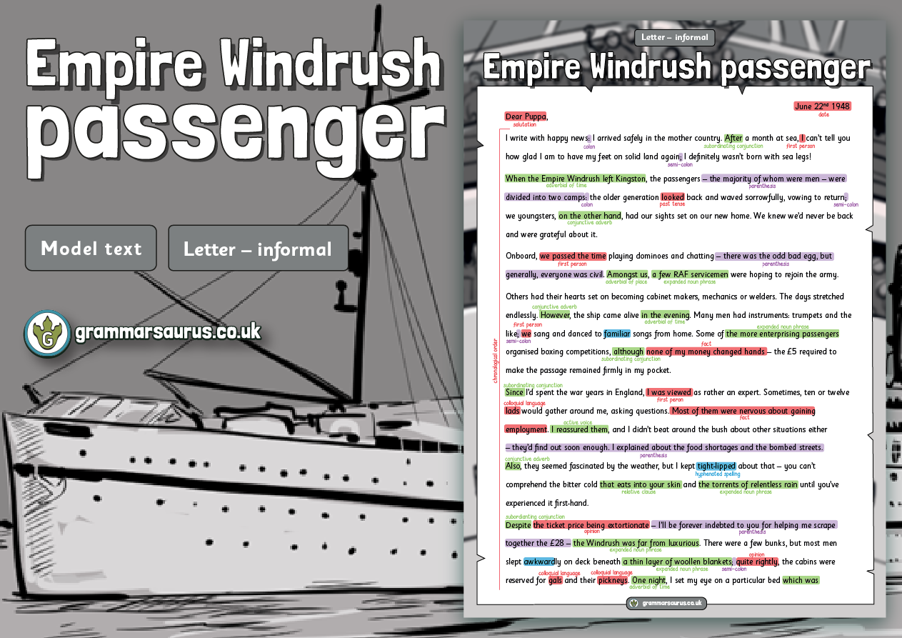 Year 6 Model Text – Recount letter – Informal Letter – Empire Windrush ...