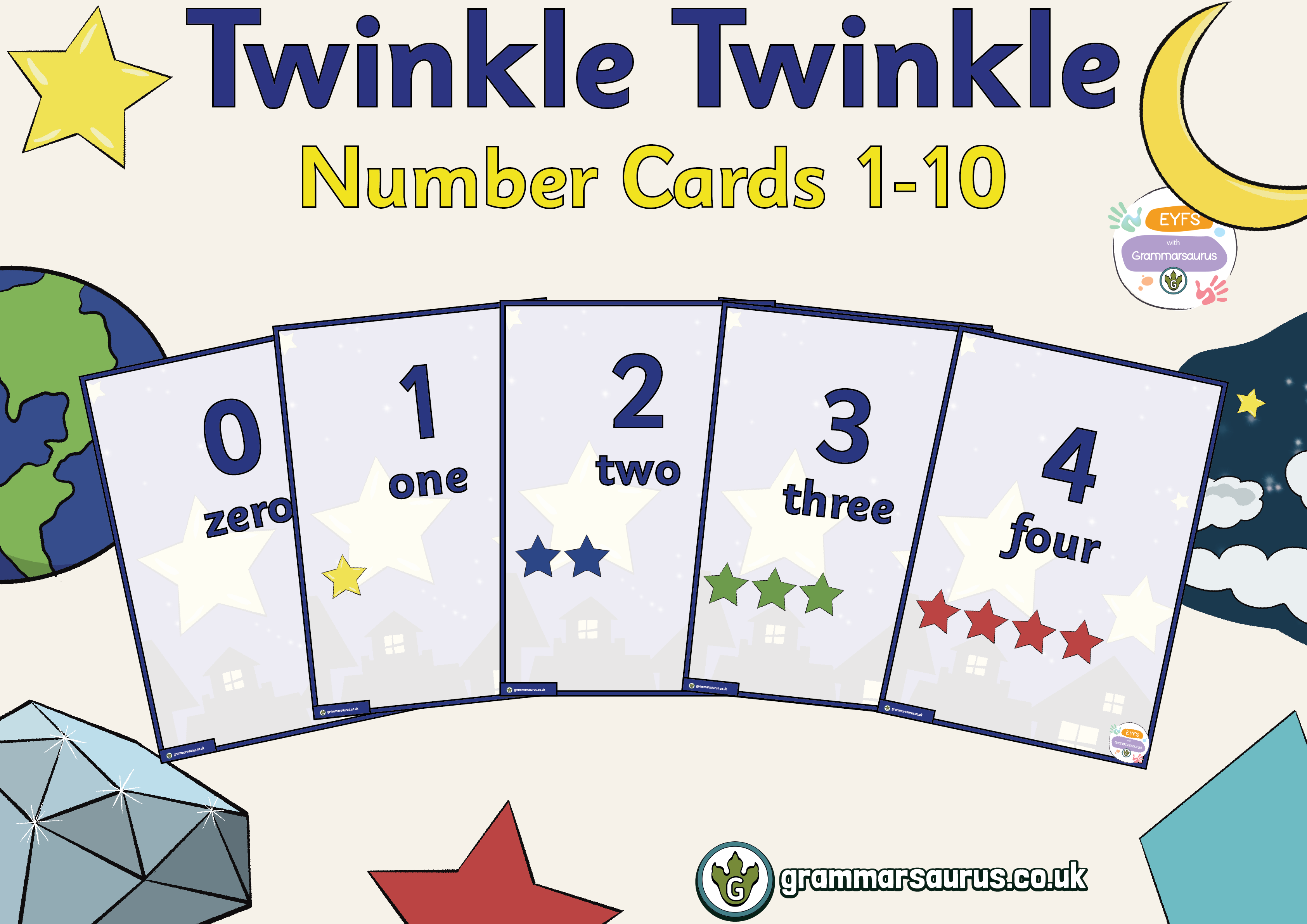 EYFS Nursery Rhymes - Twinkle Twinkle - Number Cards 1-10 - Grammarsaurus