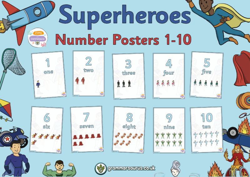 EYFS Superheroes - Number Posters 1-10 - Grammarsaurus