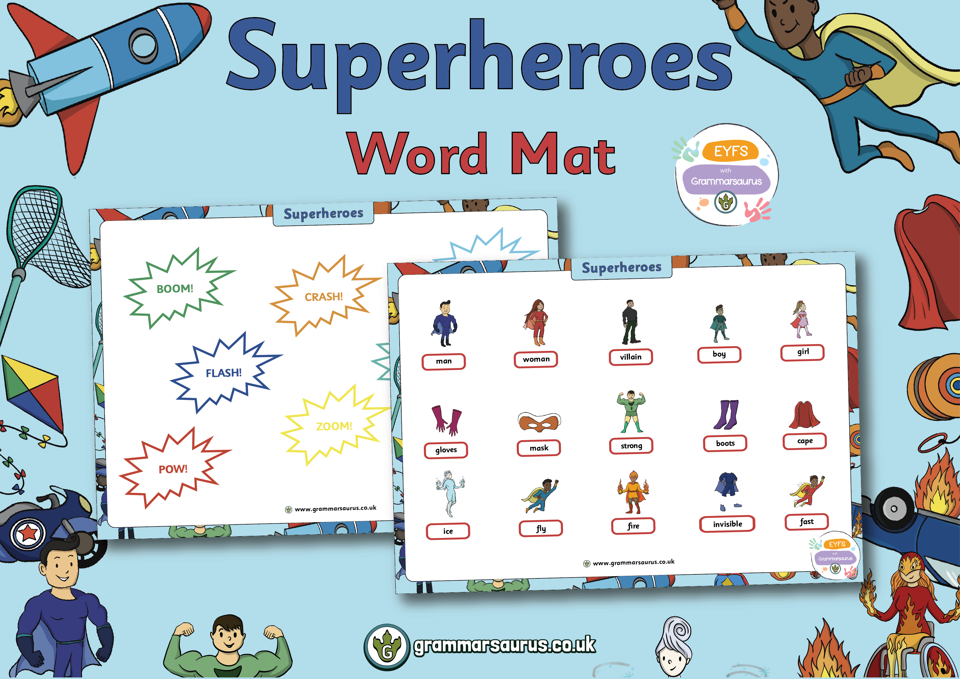 EYFS Superheroes - Word Mat - Grammarsaurus