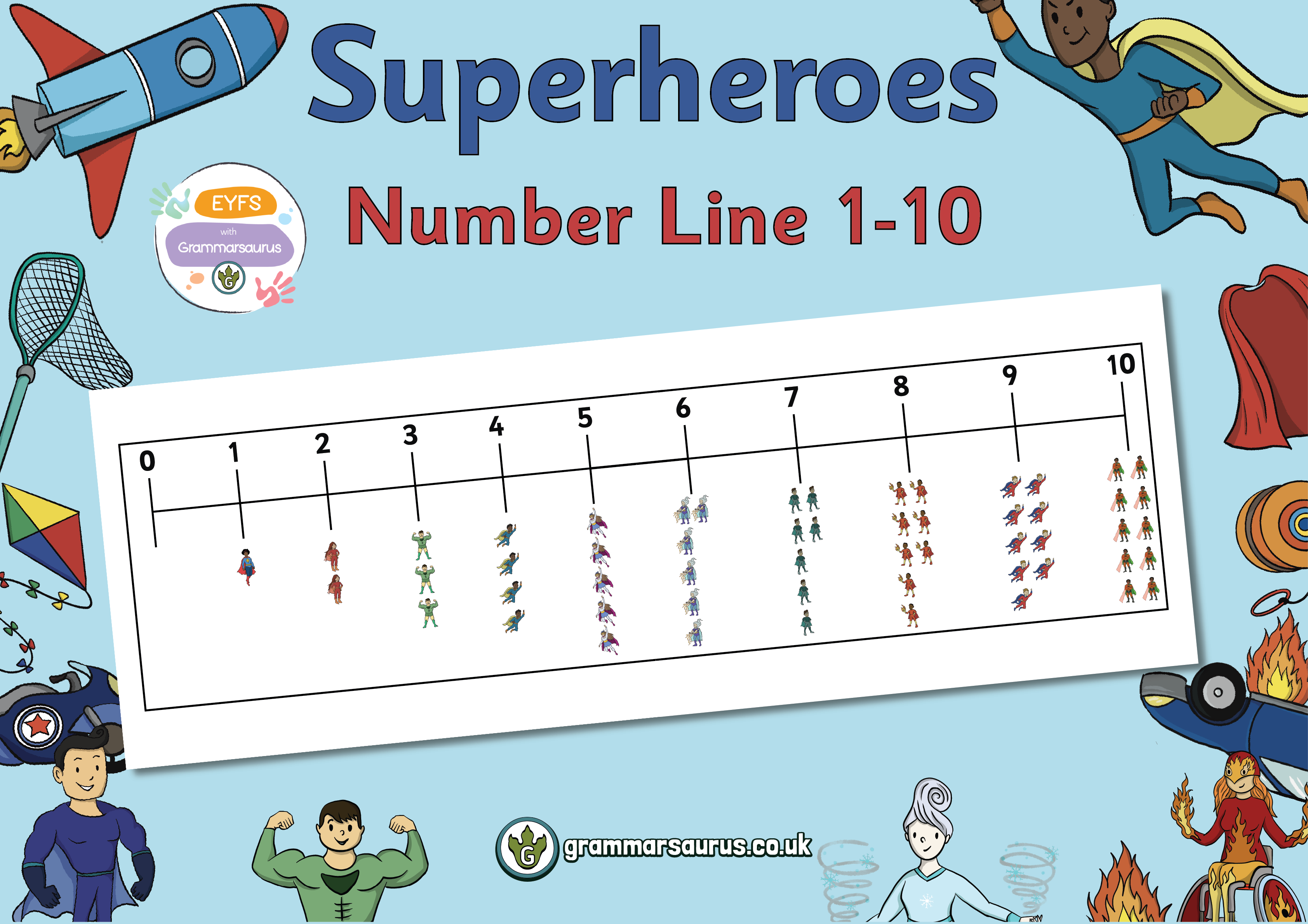 EYFS Superheroes - Number Line 1-10 - Grammarsaurus
