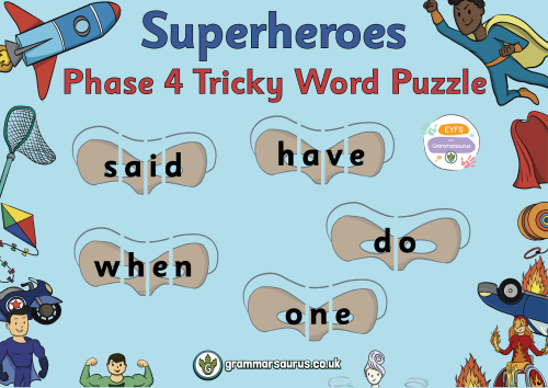 EYFS Superheroes – Phase 4 Tricky Word Puzzle - Grammarsaurus