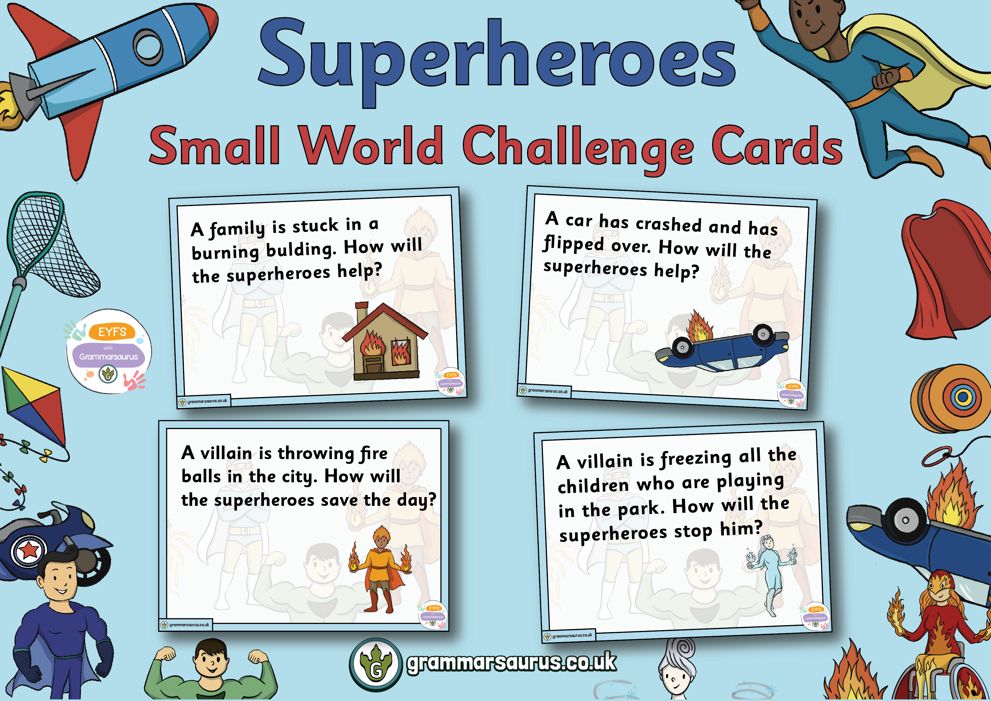 EYFS Superheroes – Small World Challenge Cards - Grammarsaurus