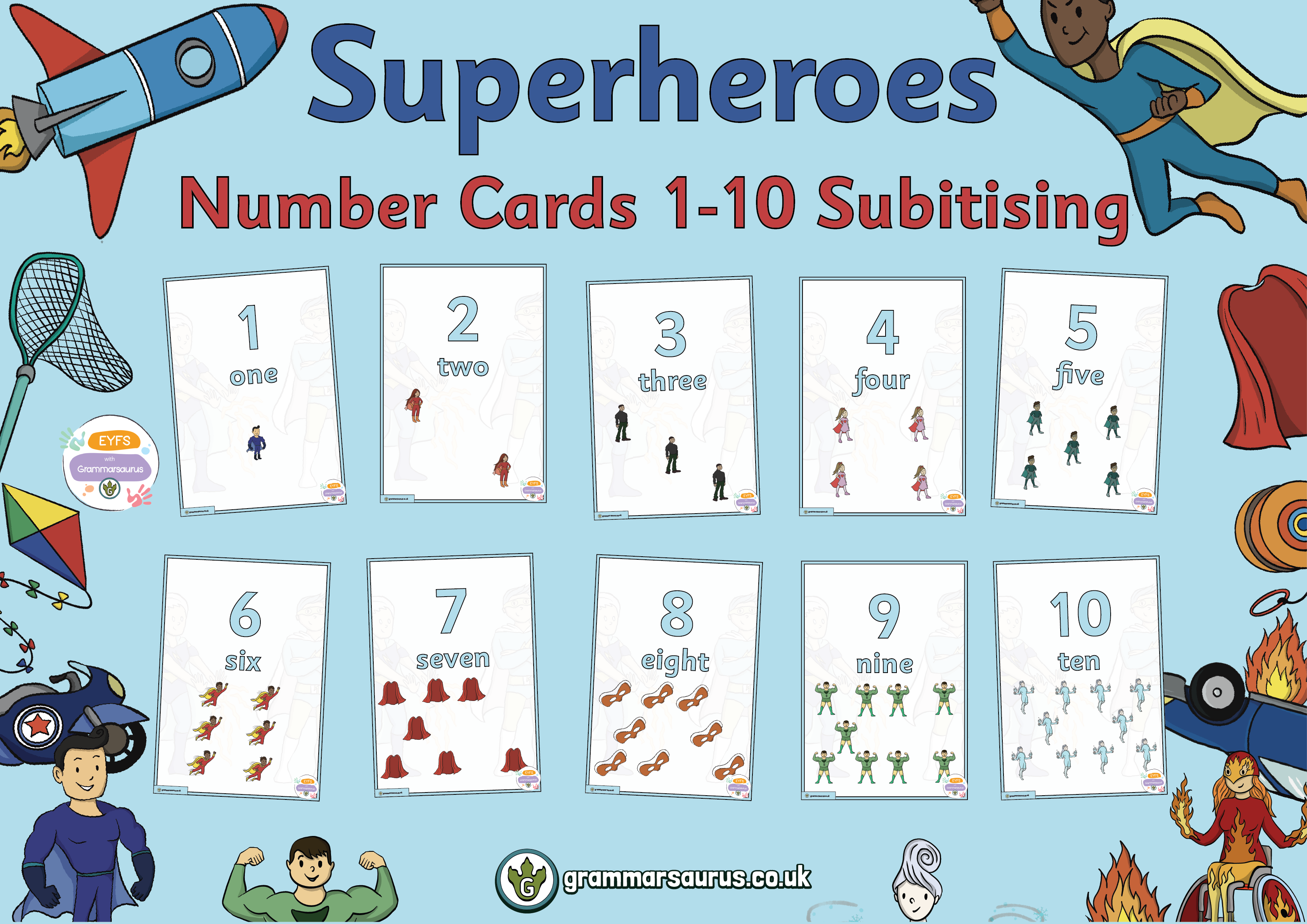 EYFS Superheroes – Number Cards 1-10 Subitising - Grammarsaurus