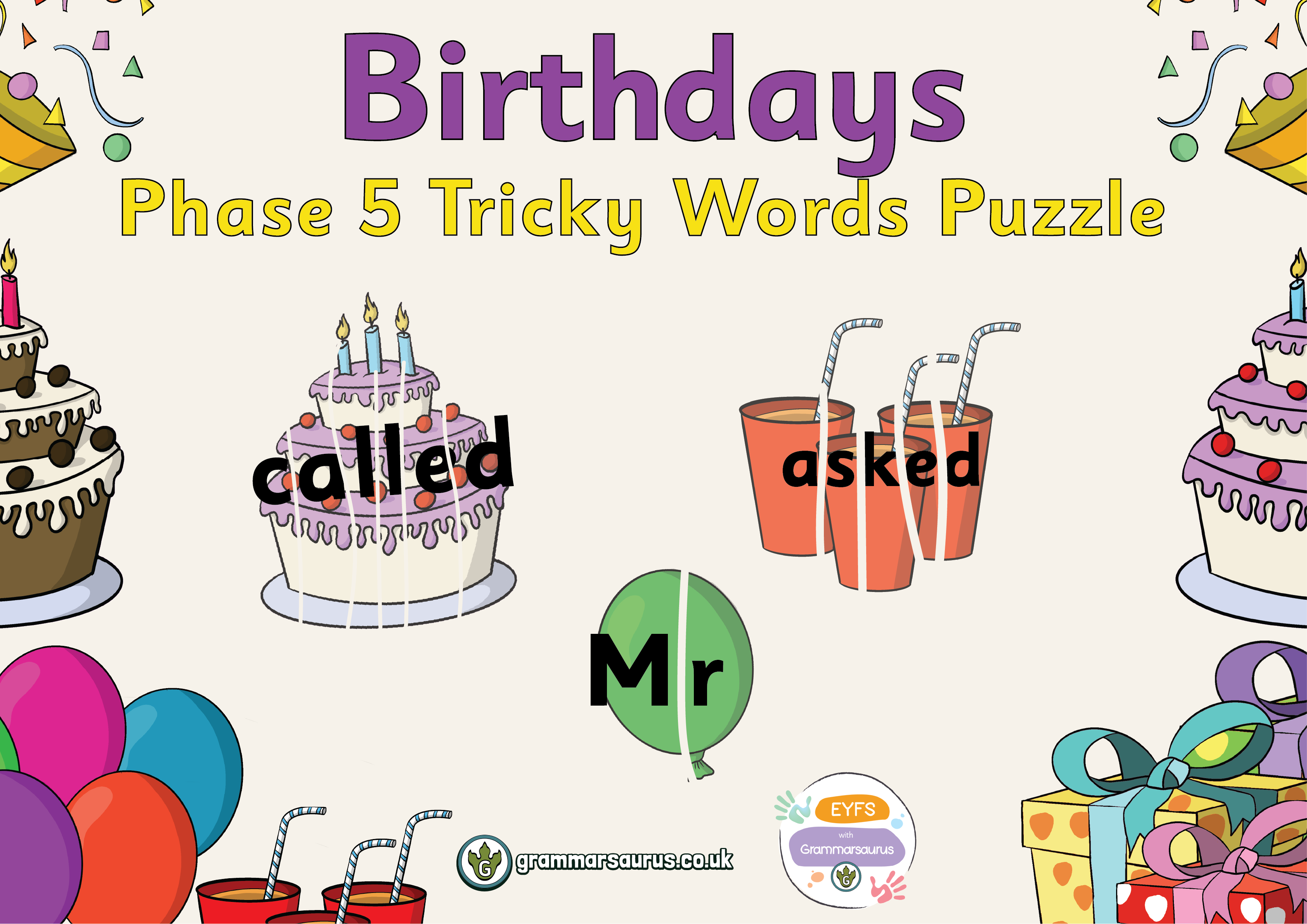 EYFS Birthdays - Phase 5 Tricky Words Puzzle - Grammarsaurus