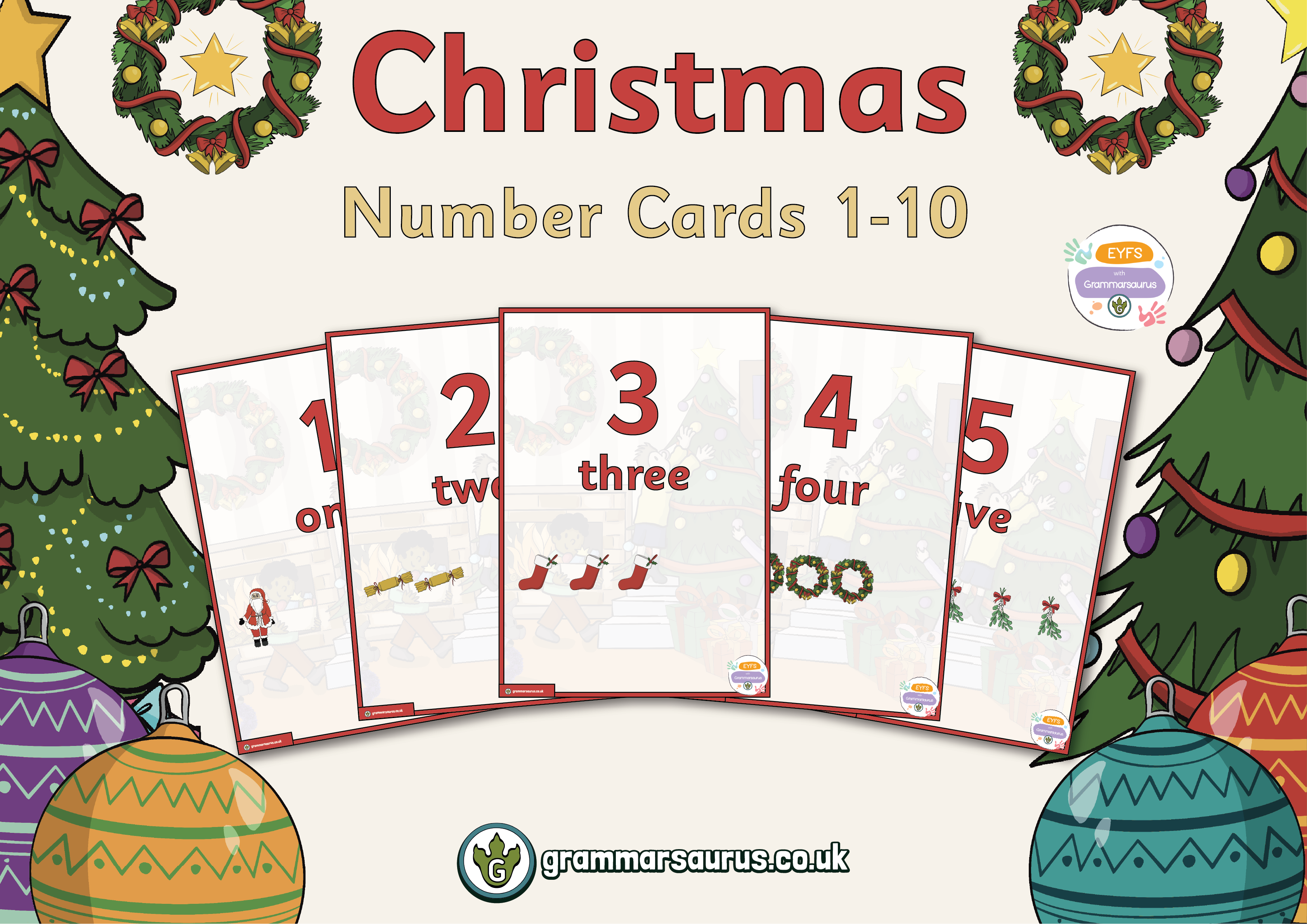 EYFS Christmas - Number Cards 1-10 - Grammarsaurus