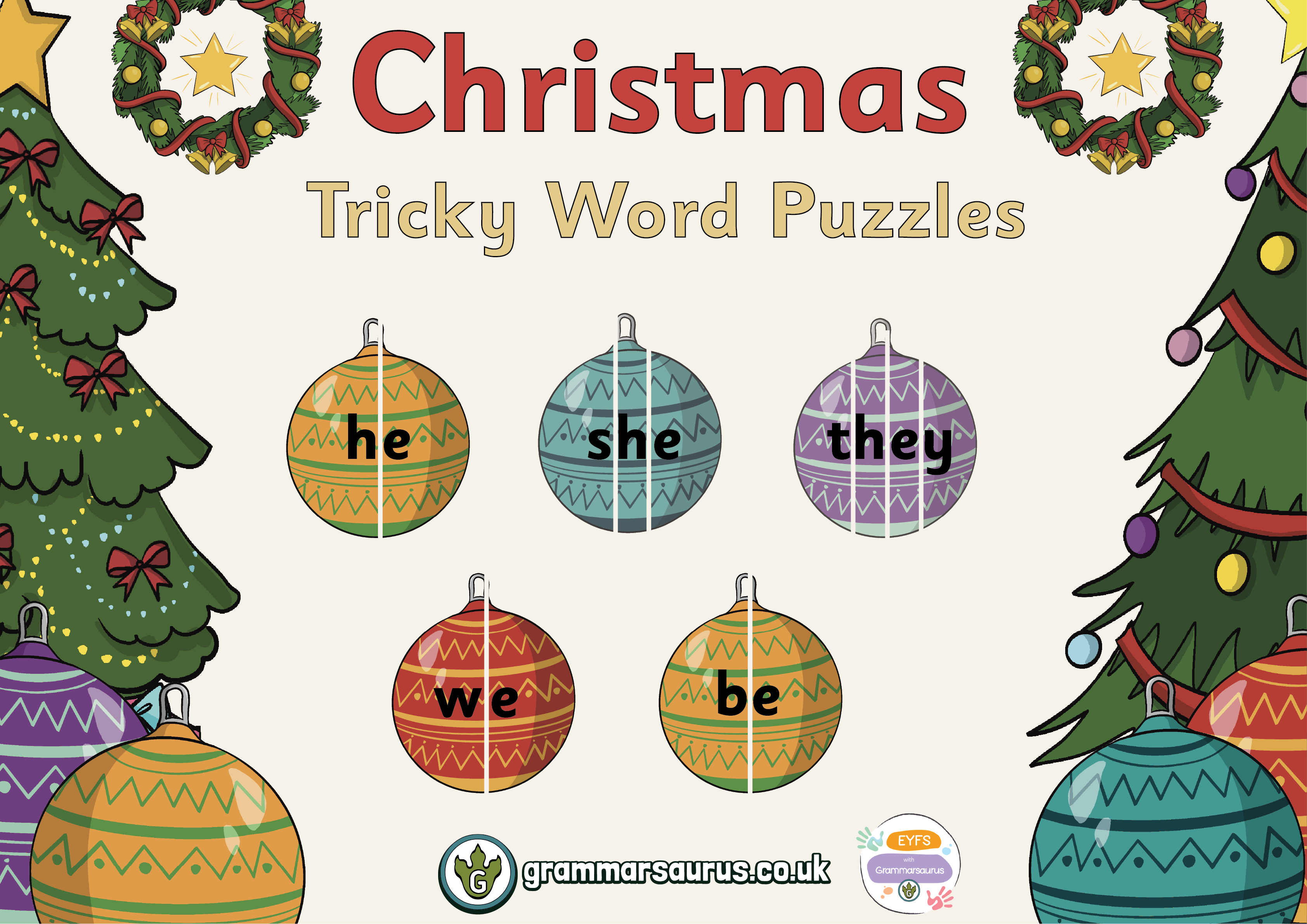 EYFS Christmas - Tricky Word Puzzle - Grammarsaurus
