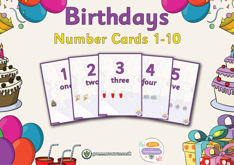 EYFS Birthdays – Number Cards 1-10 - Grammarsaurus