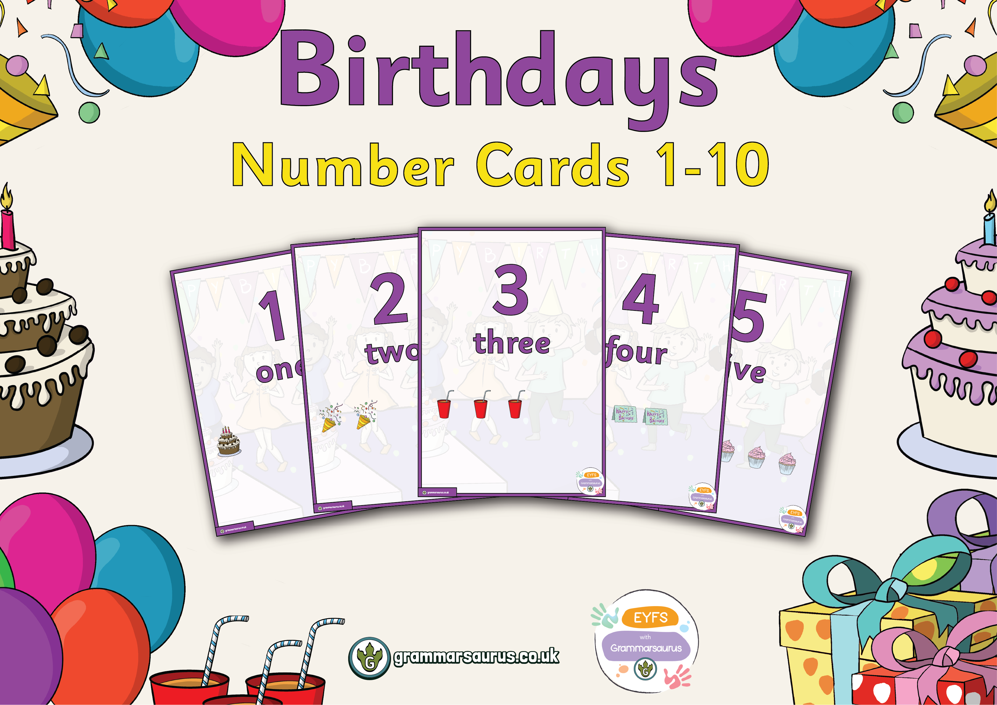 EYFS Birthdays – Number Cards 1-10 - Grammarsaurus