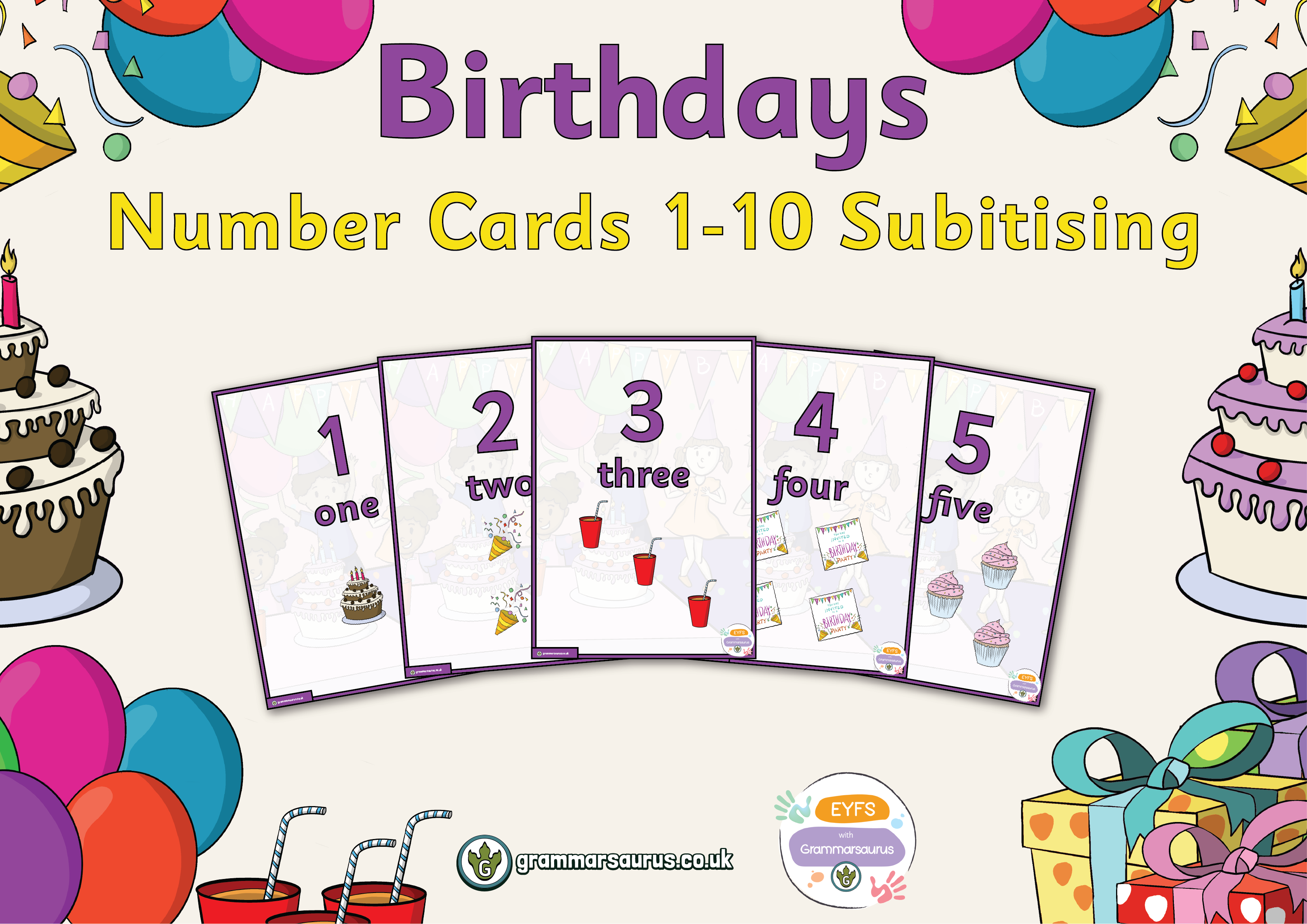 EYFS Birthdays - Number Cards 1-10 Subitising - Grammarsaurus