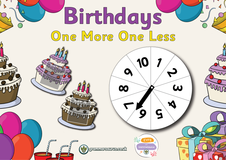 EYFS Birthdays – One More One Less - Grammarsaurus
