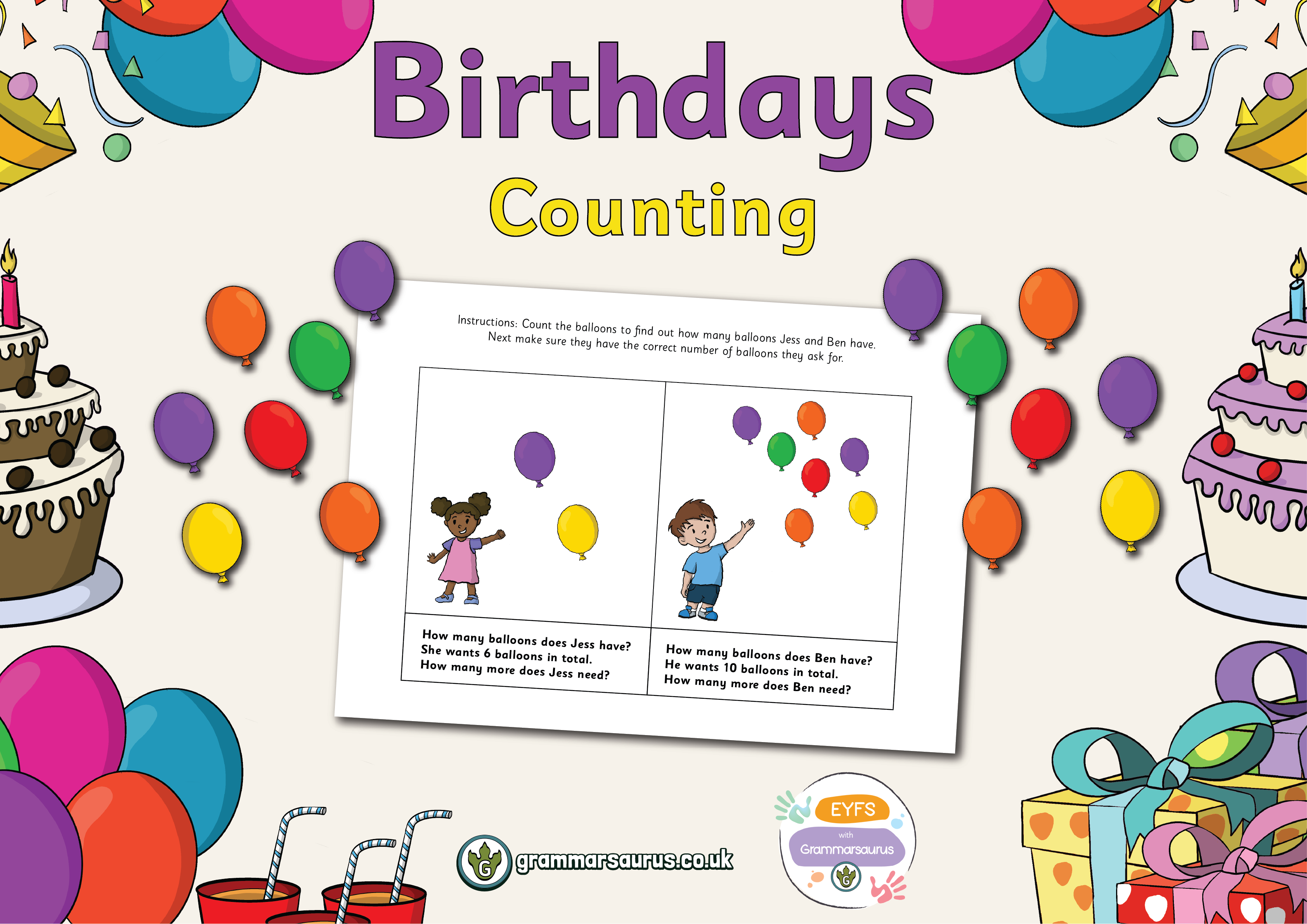 EYFS Birthdays - Match Number to Quantity - Grammarsaurus