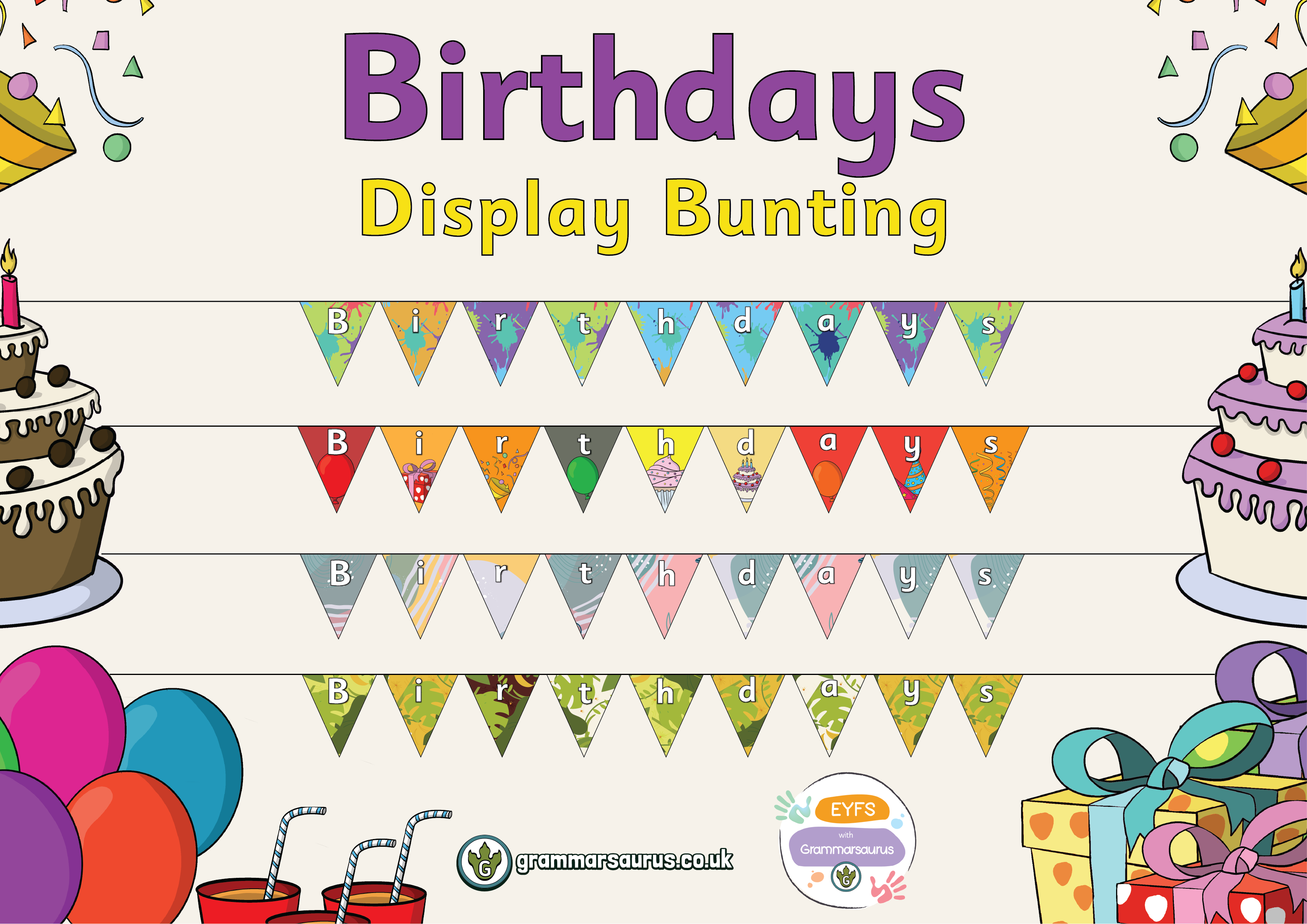 EYFS Birthdays - Display Bunting - Grammarsaurus