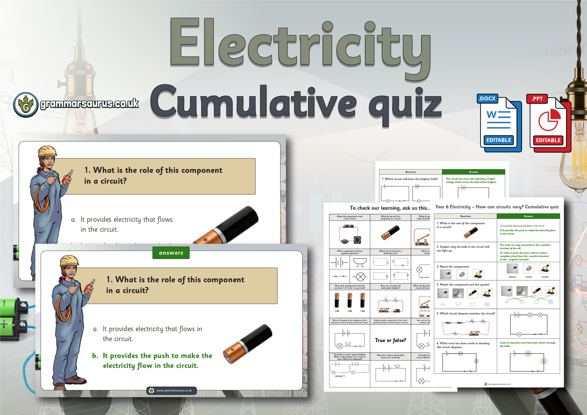 Year 6 Science - Electricity - Cumulative quiz - Grammarsaurus