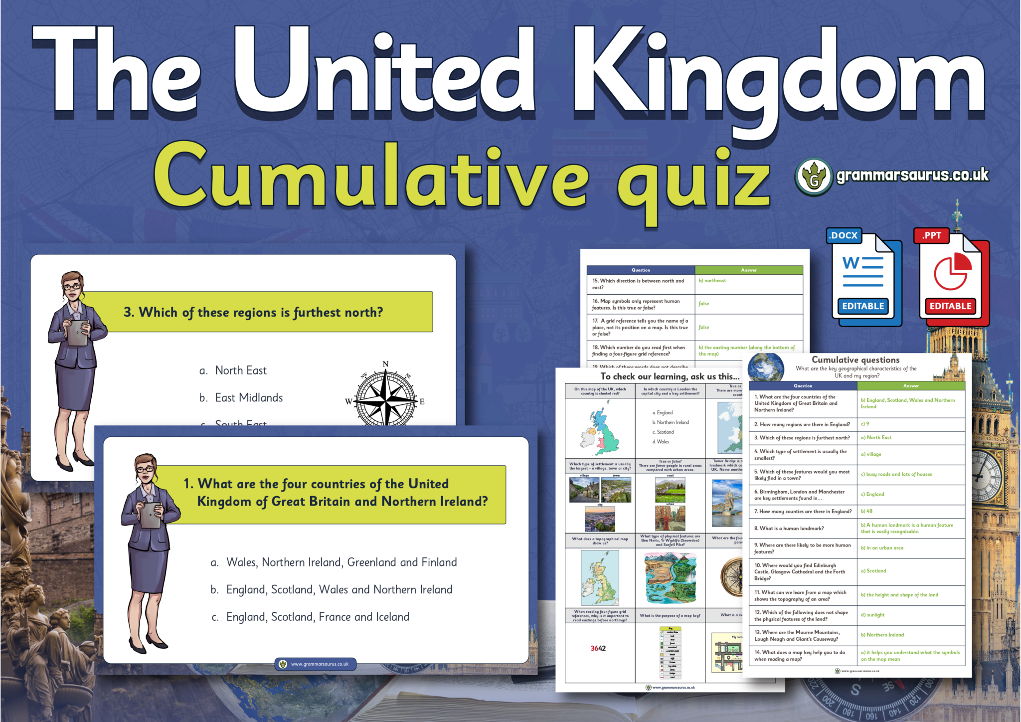 Year 3 Geography – United Kingdom – Cumulative quiz - Grammarsaurus