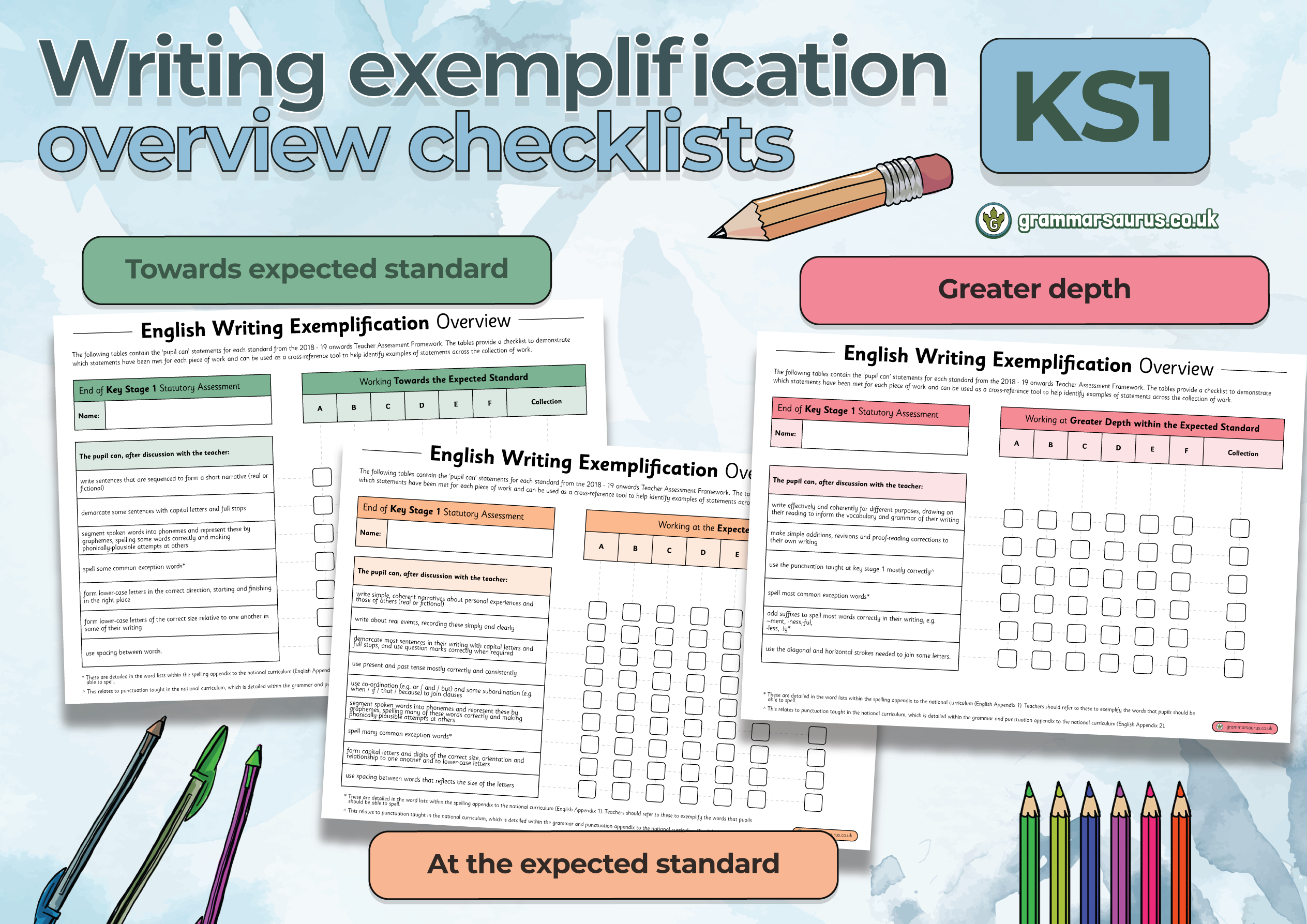 KS1 - Writing exemplification overview checklists - Grammarsaurus