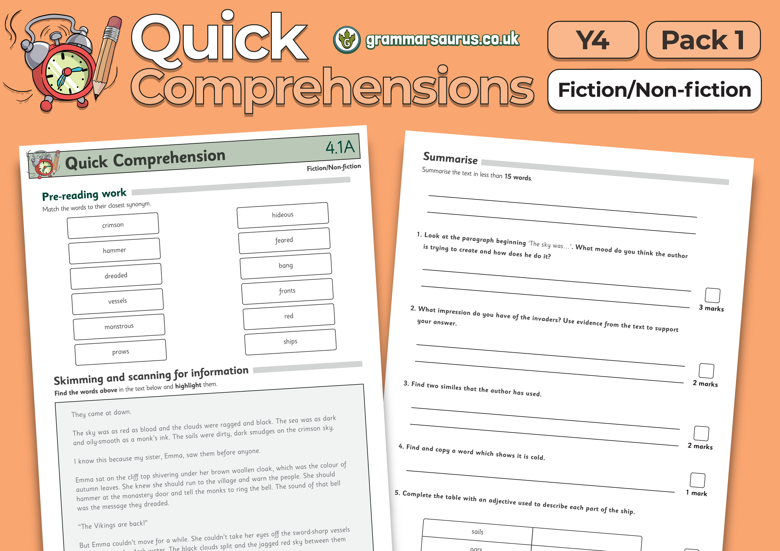 Year 4 Quick Comprehensions (Fiction/Non-fiction) Pack 1 - Grammarsaurus