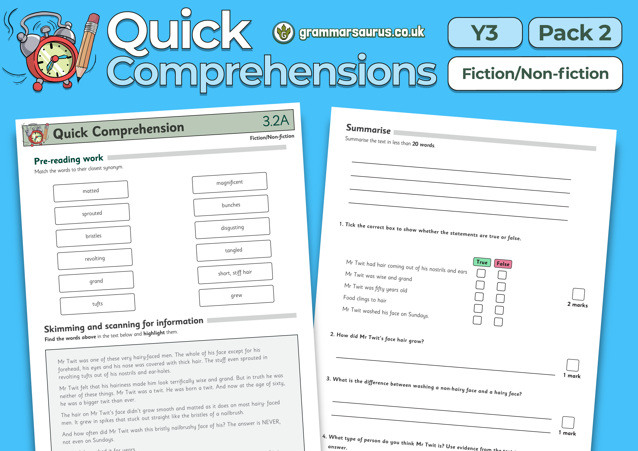 Year 3 Quick Comprehensions (Fiction/Non-Fiction) Pack 2 - Grammarsaurus
