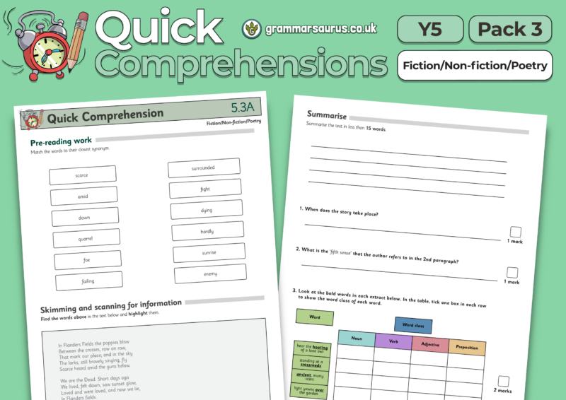 Year 5 Quick Comprehensions (Fiction/Non-Fiction/Poetry) Pack 3 ...