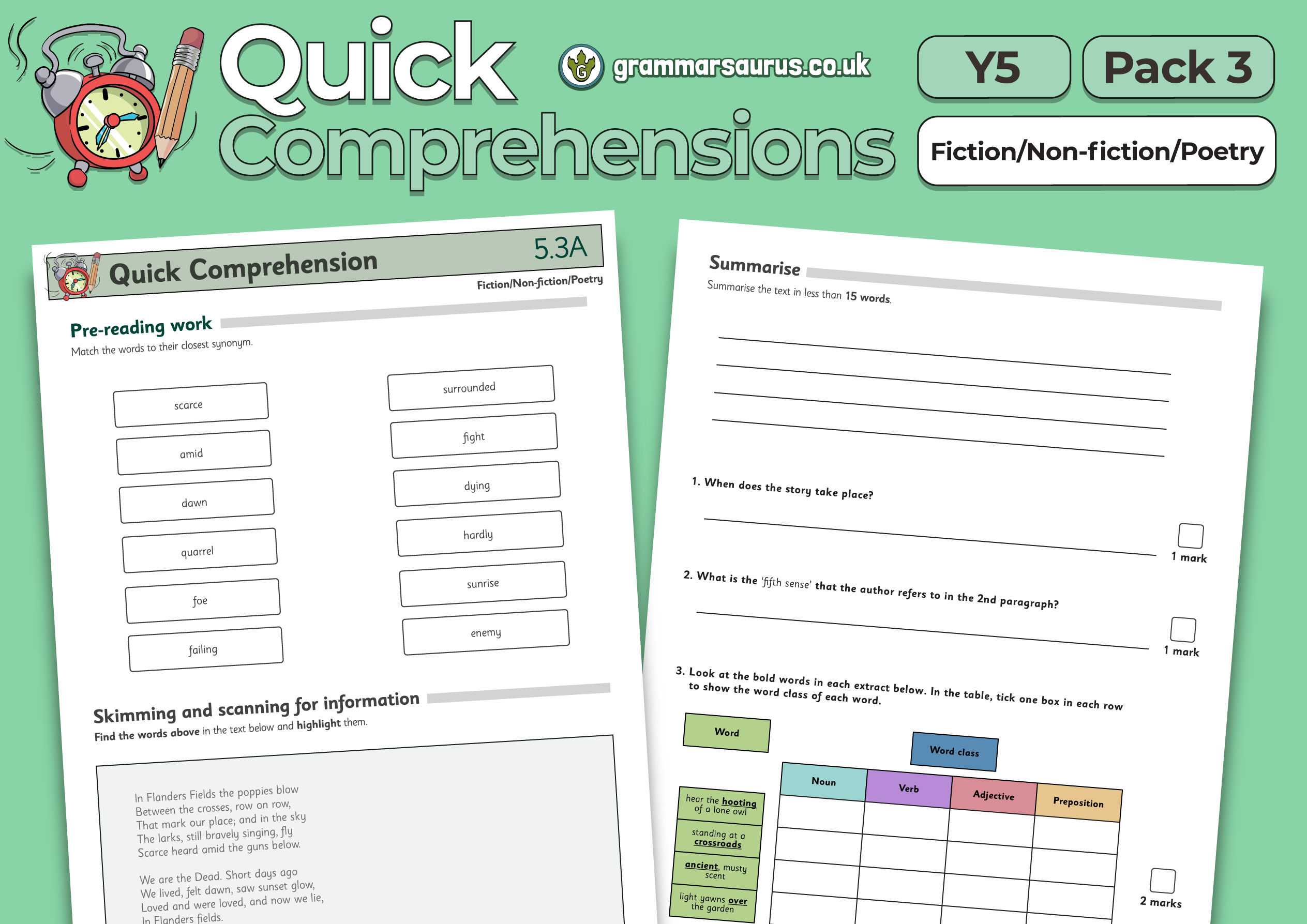 Year 5 Quick Comprehensions (Fiction/Non-Fiction/Poetry) Pack 3 ...