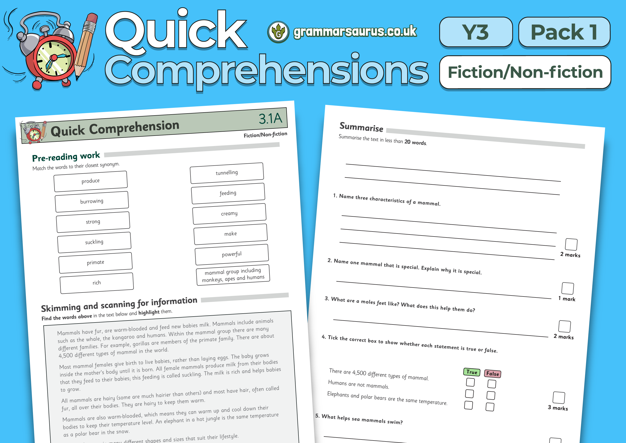 Year 3 Quick Comprehensions (Fiction/Non-fiction) Pack 1 - Grammarsaurus