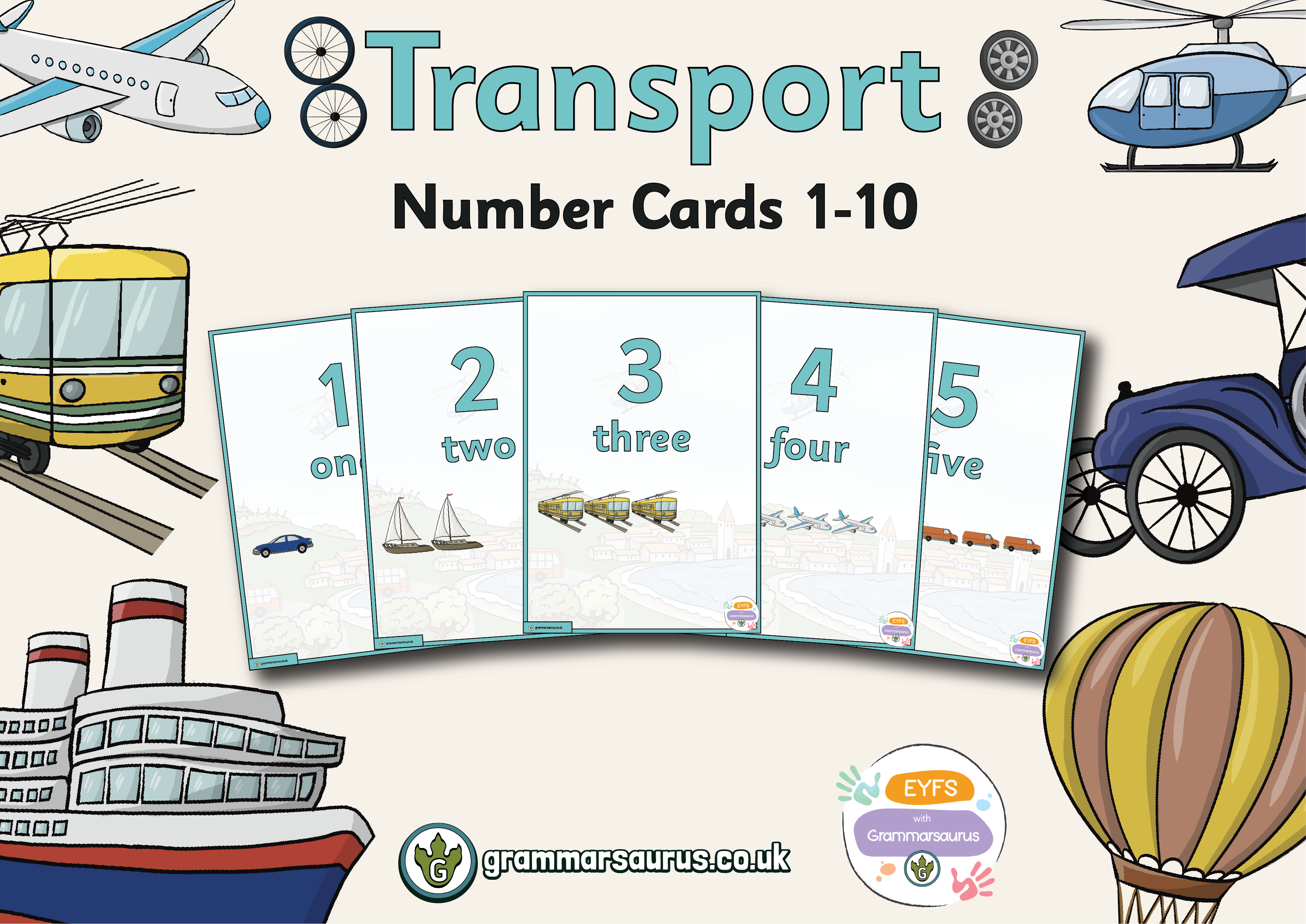 EYFS Transport – Number Cards 1-10 - Grammarsaurus