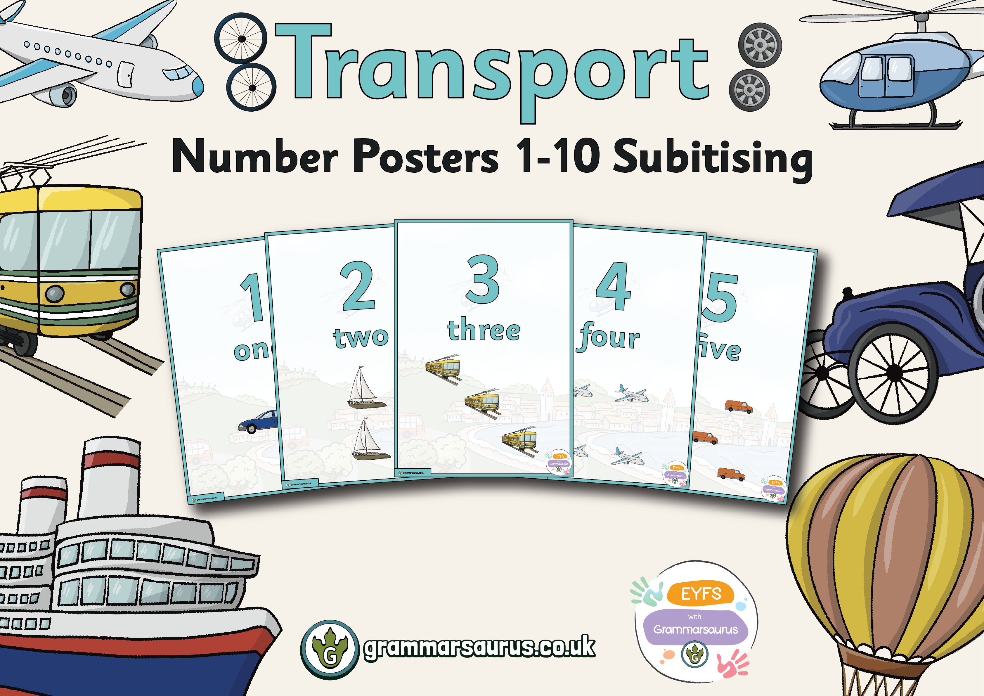 EYFS Transport – Number Posters 1-10 Subitising - Grammarsaurus