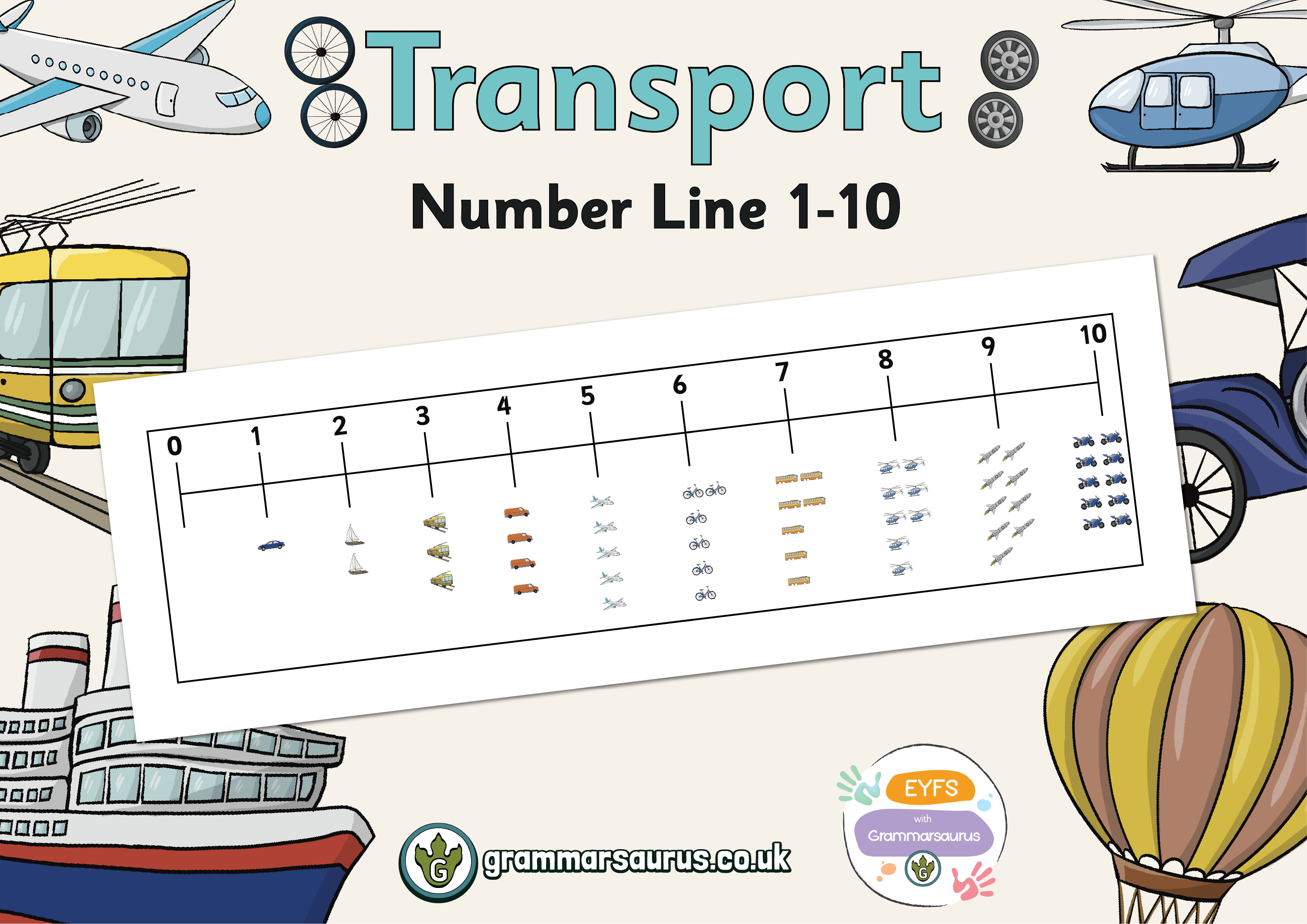 EYFS Transport – Number Line 1-10 - Grammarsaurus