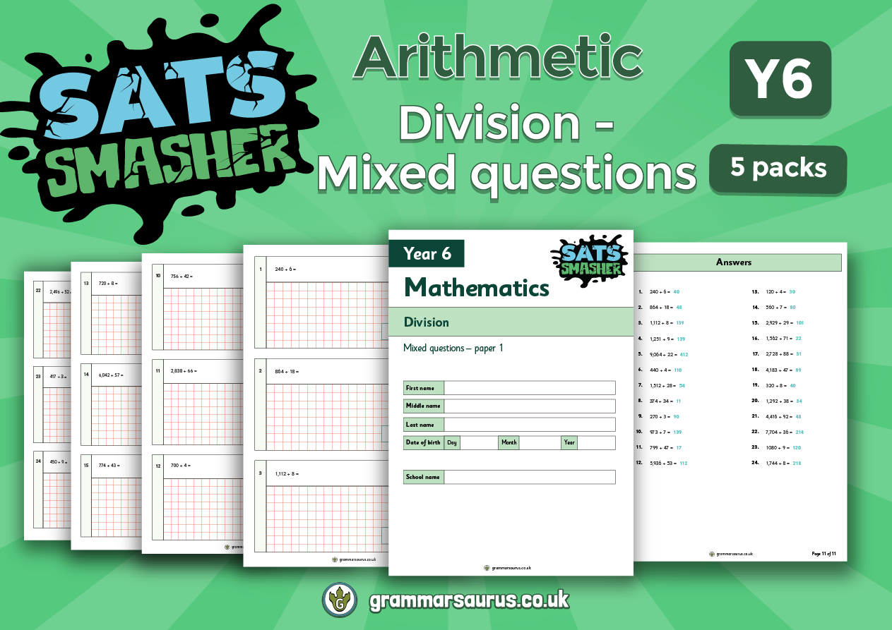 Y6 SATs Smasher (Maths): Division - Mixed Questions - Grammarsaurus
