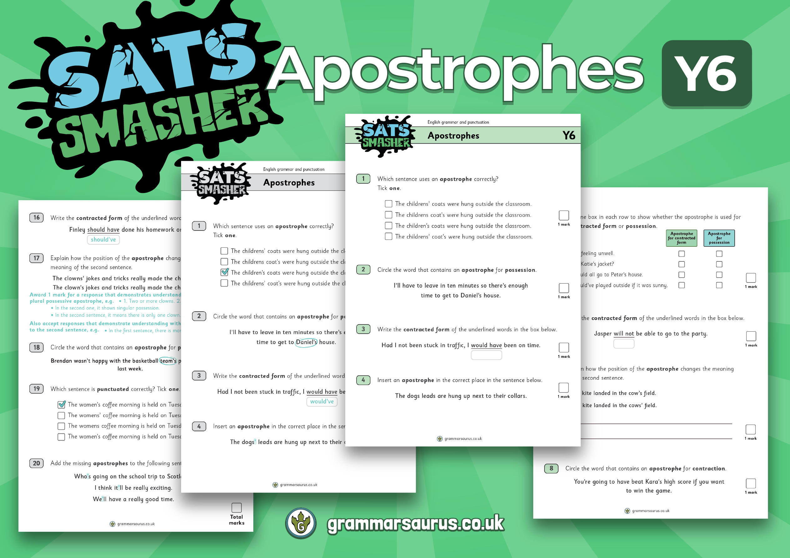 Y6 SATs Smasher (SPaG): Apostrophes - Grammarsaurus