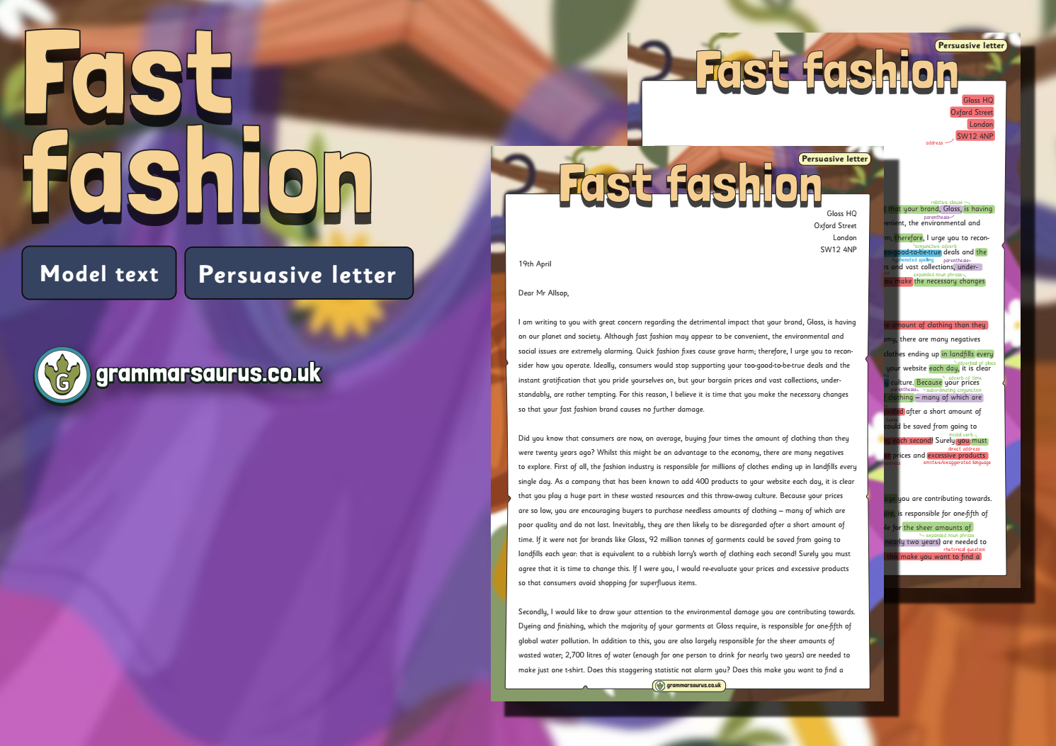 Year 6 Model Text – Persuasive letter – Fast Fashion - Grammarsaurus