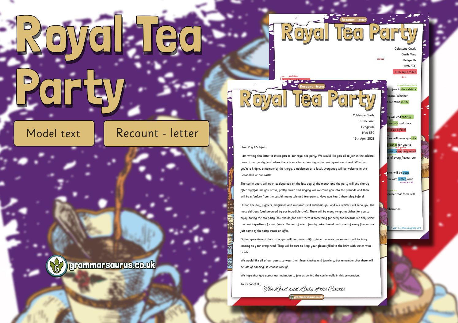 Year 2 Model Text – Recount – Letter – Royal Tea Party - Grammarsaurus