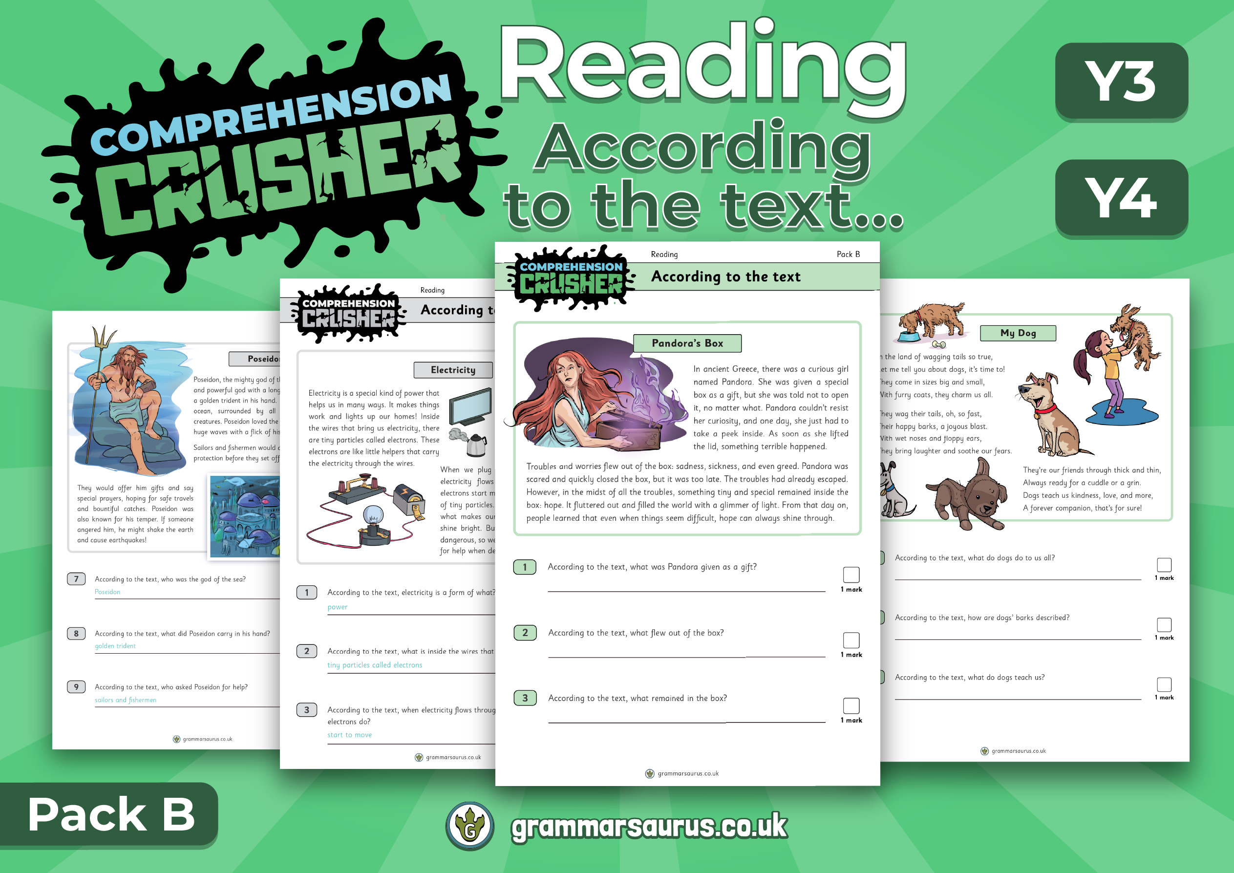 Y3/4 Comprehension Crusher: According to the text… Pack B - Grammarsaurus