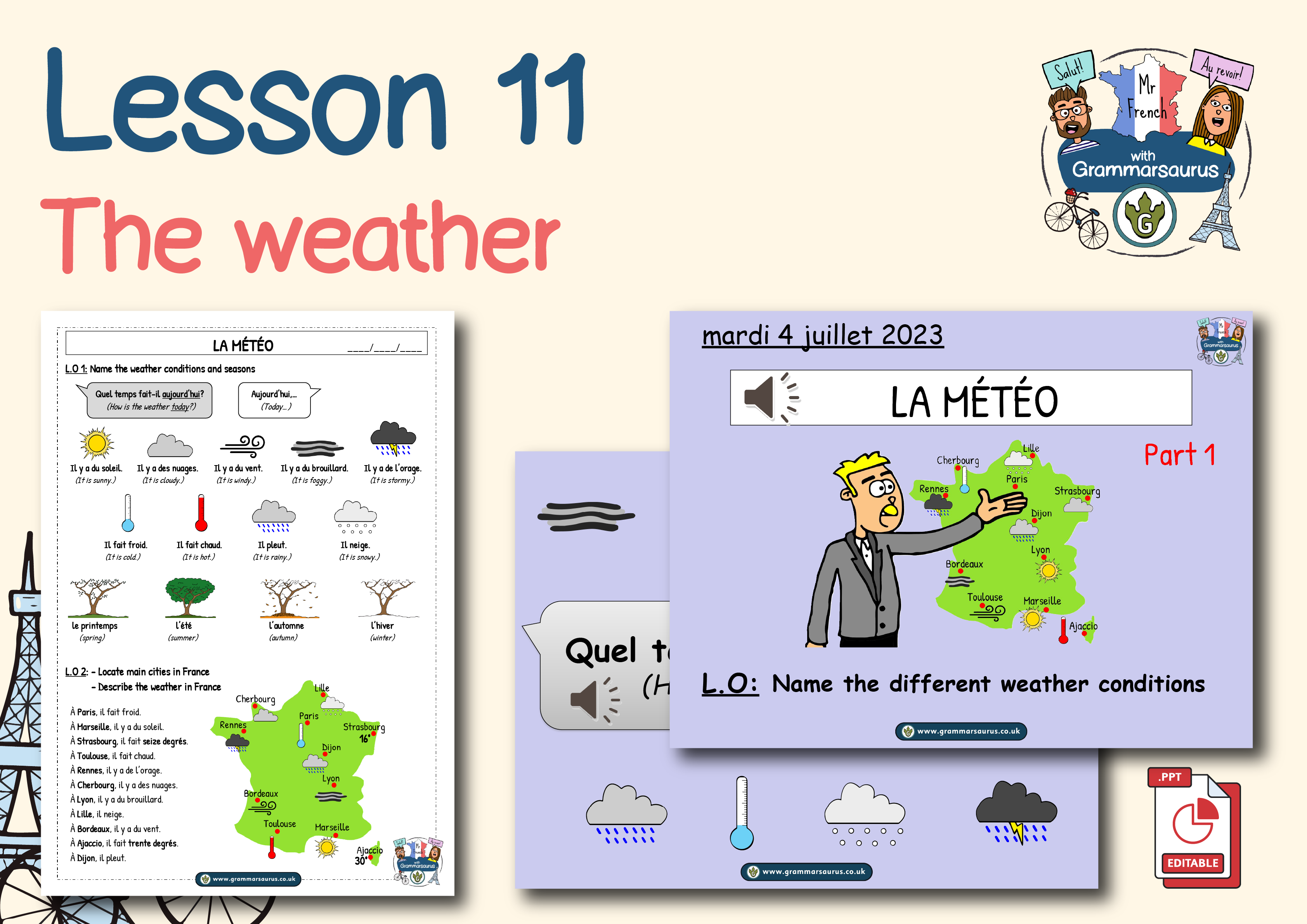 Year 4,5,6 French for Beginners – The weather - Lesson 11 - Grammarsaurus