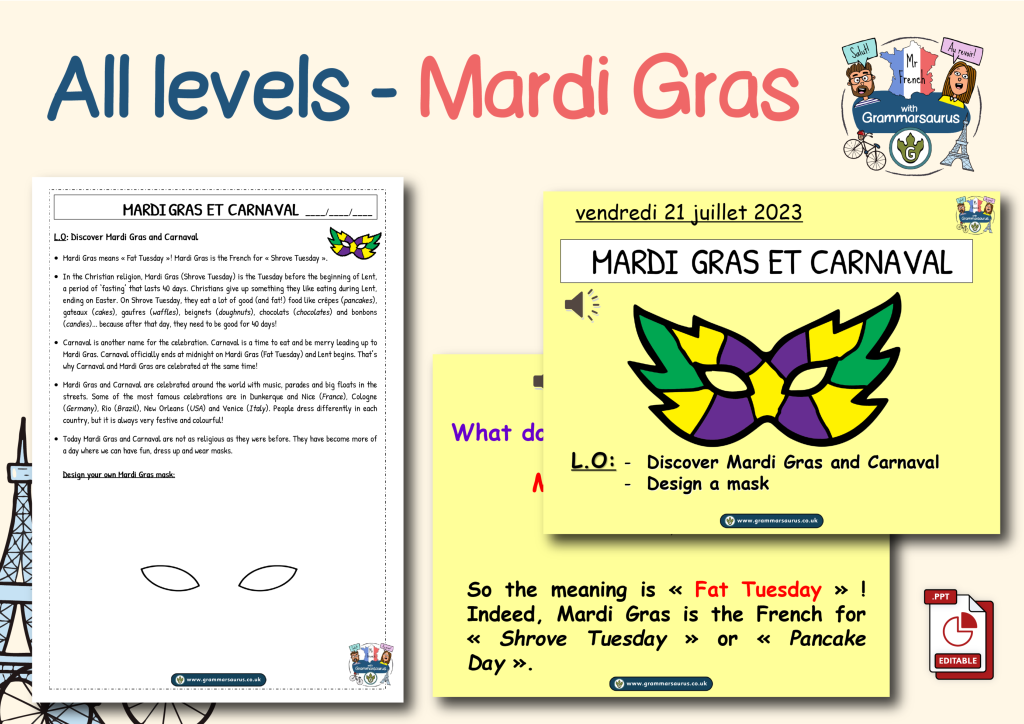 Year 4,5,6 French – Mardi Gras - Grammarsaurus