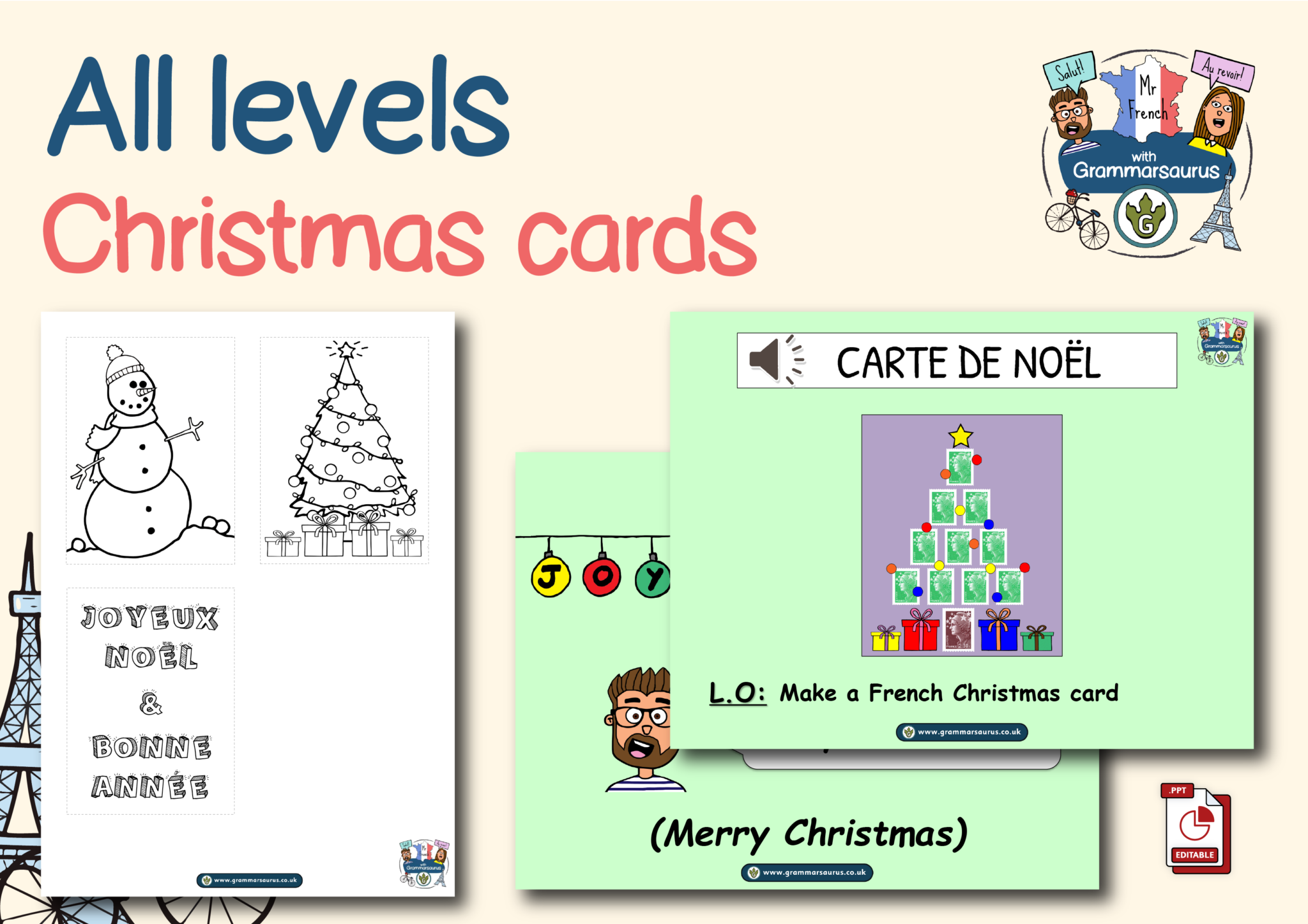 Year 4,5,6 French – Christmas cards - Grammarsaurus